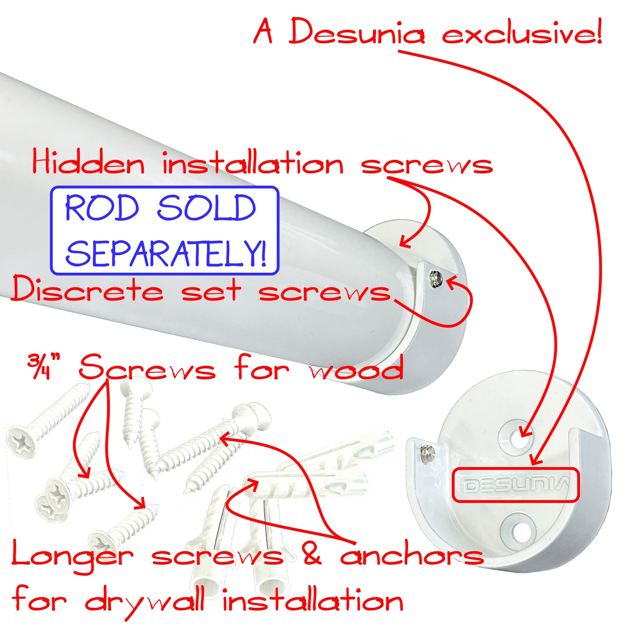 Desunia Closet Rod Support Flanges with Screw On Attachment | Heavy Duty Clothes Pole End Sockets for Wardrobes | Gloss White | 2 Pack