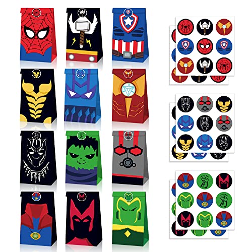24Set Superhero Party Bags, Superhero Bags Candy Gift Bags Kraft Paper Bags,with Superhero Theme Sticker, For Superhero Theme Birthday Party