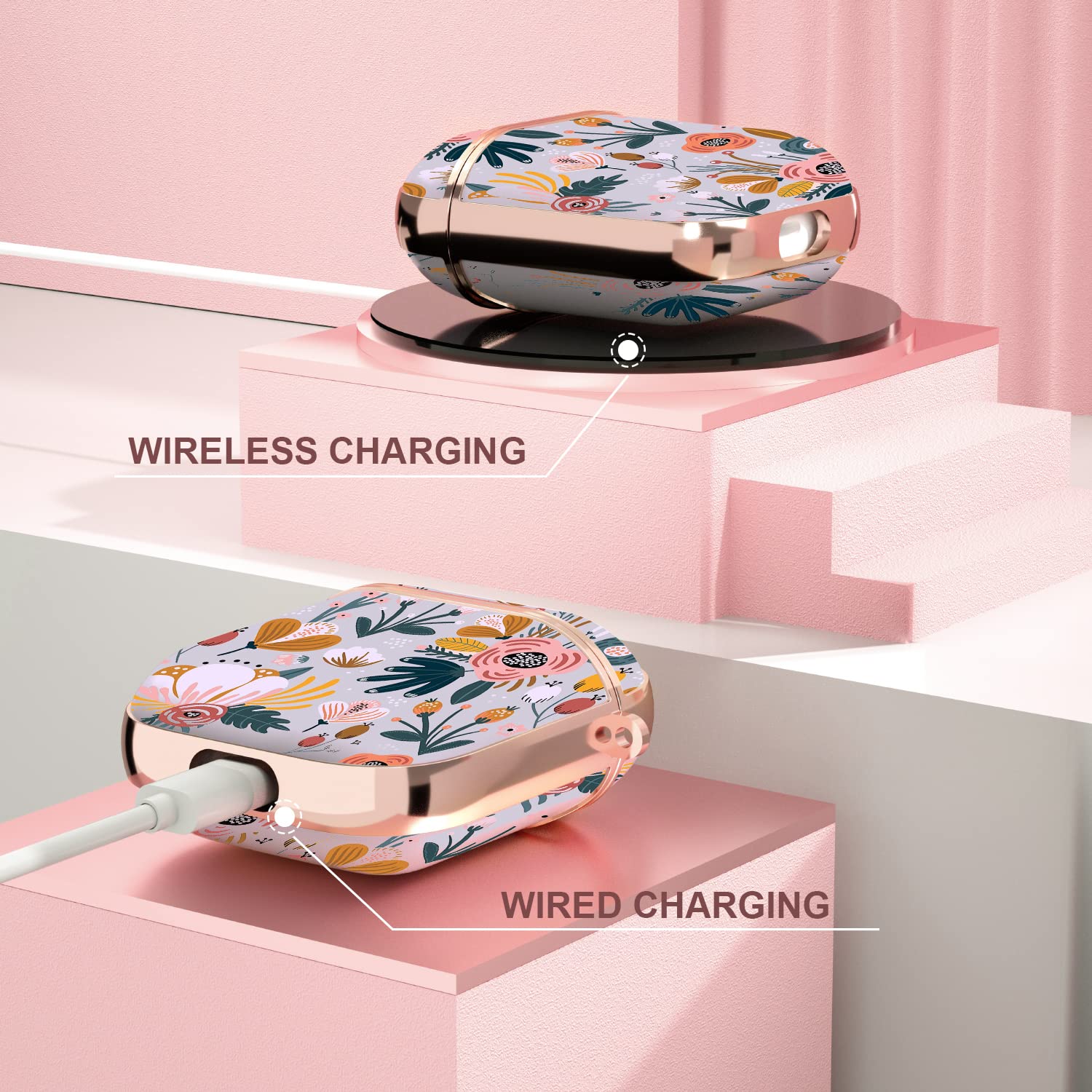 Maxjoy Case for AirPods 2&1, Flower Air Pod Case for Women Girls Cute Hard Protective iPods Cover with Keychain Compatible AirPod 2nd 1st Generation Wireless Charging Case, Floral