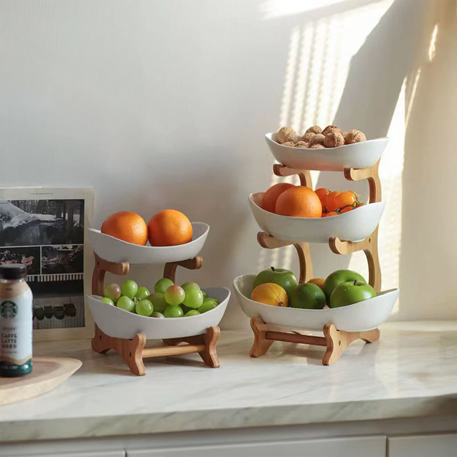 KOXAME 2 Tire Fruit Bowl, Large Fruit Basket for Kitchen Counter, Ceramic Berry Basket with Bamboo Stand, Use for Fruit and Vegetable Storage, Snacks Desserts Nuts Bread Candy Tray Holder, White