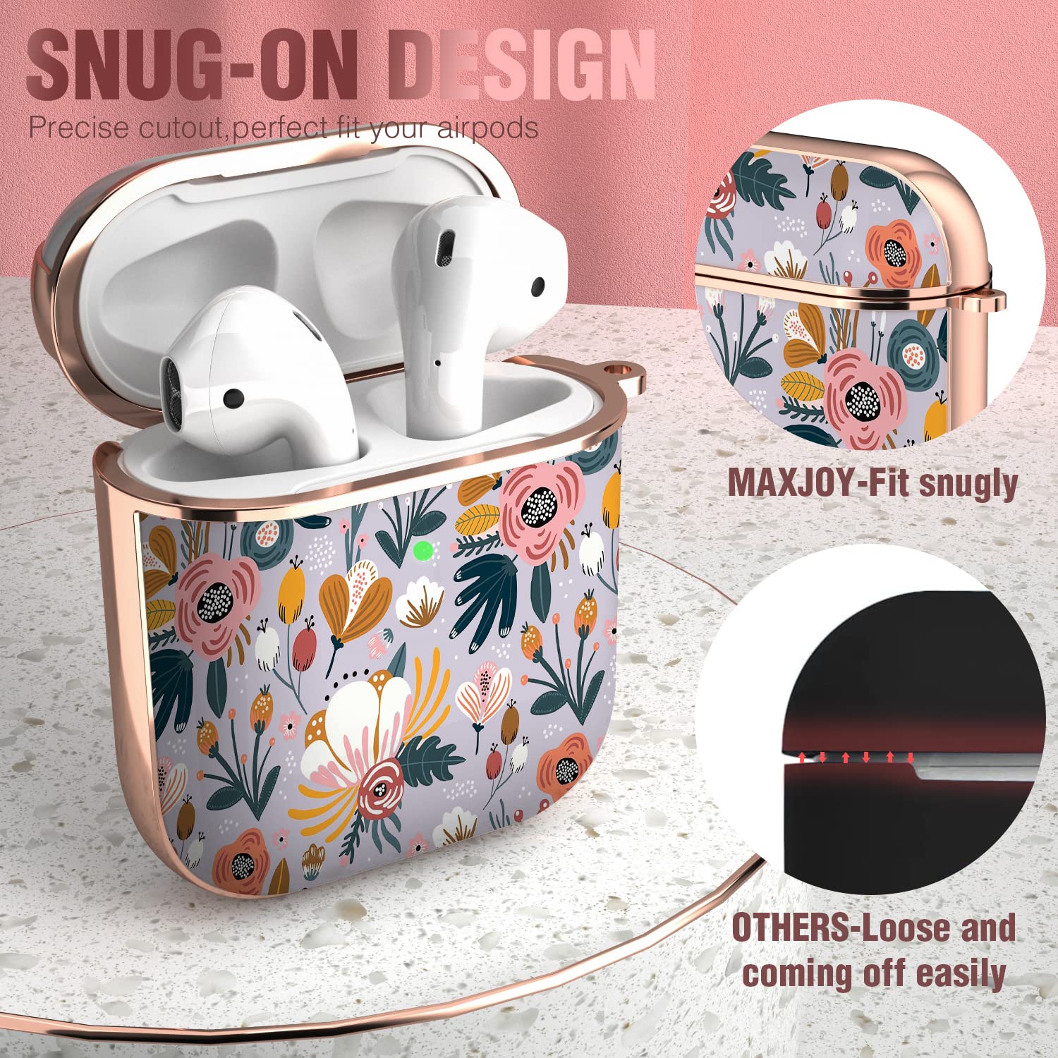 Maxjoy Case for AirPods 2&1, Flower Air Pod Case for Women Girls Cute Hard Protective iPods Cover with Keychain Compatible AirPod 2nd 1st Generation Wireless Charging Case, Floral