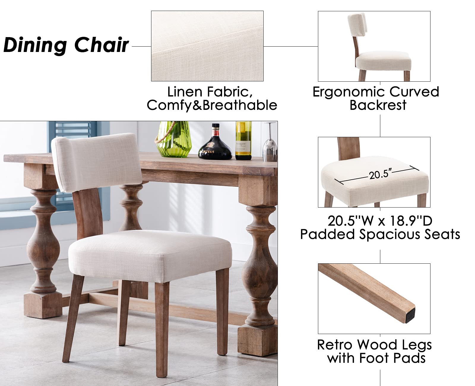CIMOTA Upholstered Dining Chairs, Kitchen and Dining Room Chairs, Mid Century Modern Linen Farmhouse Armless Side Chair with Wood Frame and Curved Backrest (Set of 4, Linen-Beige)