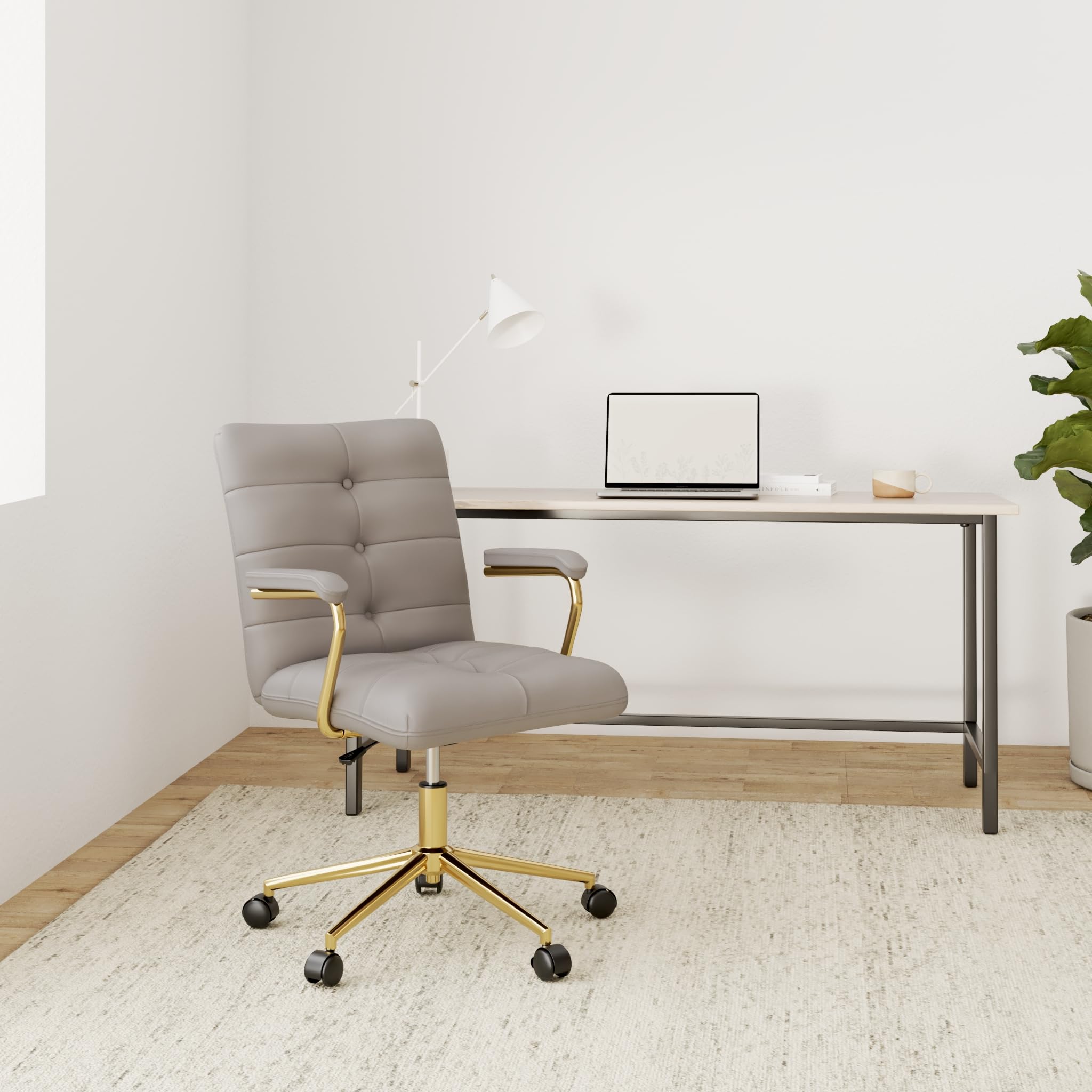 MFD LIVING Velvet Home Office Desk Chair, Upholstered Adjustable Swivel Task Chair with Wheels, Tufted Mid-Back Computer Chair with Arms, for Study Living Room Vanity (Grey, Gold Base)