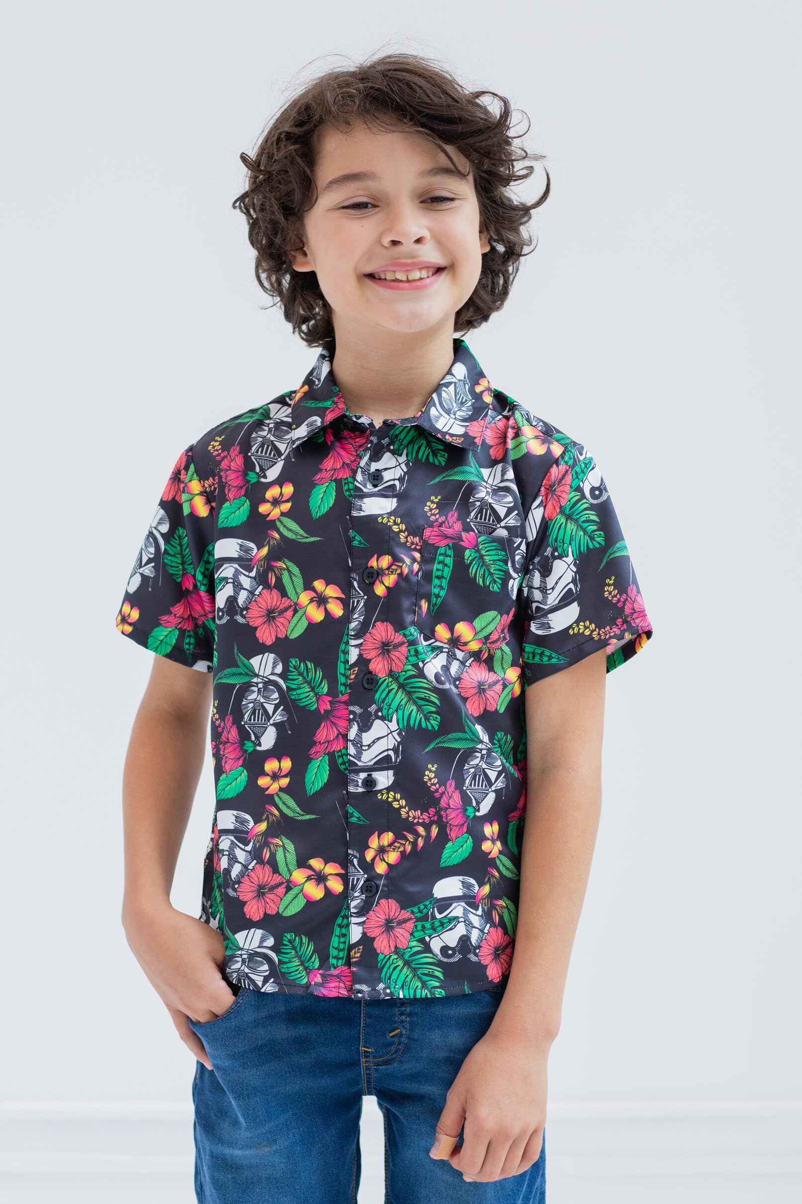 STAR WARS Darth Vader Stormtrooper Big Boys Hawaiian Button Down Shirt Black 14-16