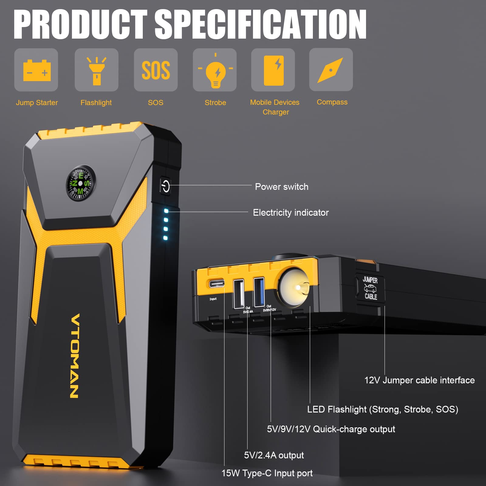 VTOMAN V6 Pro 2000A Jump Starter, Car Battery Jumper Starter Portable for 7L Gas/5L Diesel Engines, Jump Box,12V Auto Jump Start Battery Pack, Lithium Booster Pack, Portable Charger and Jumper Cables