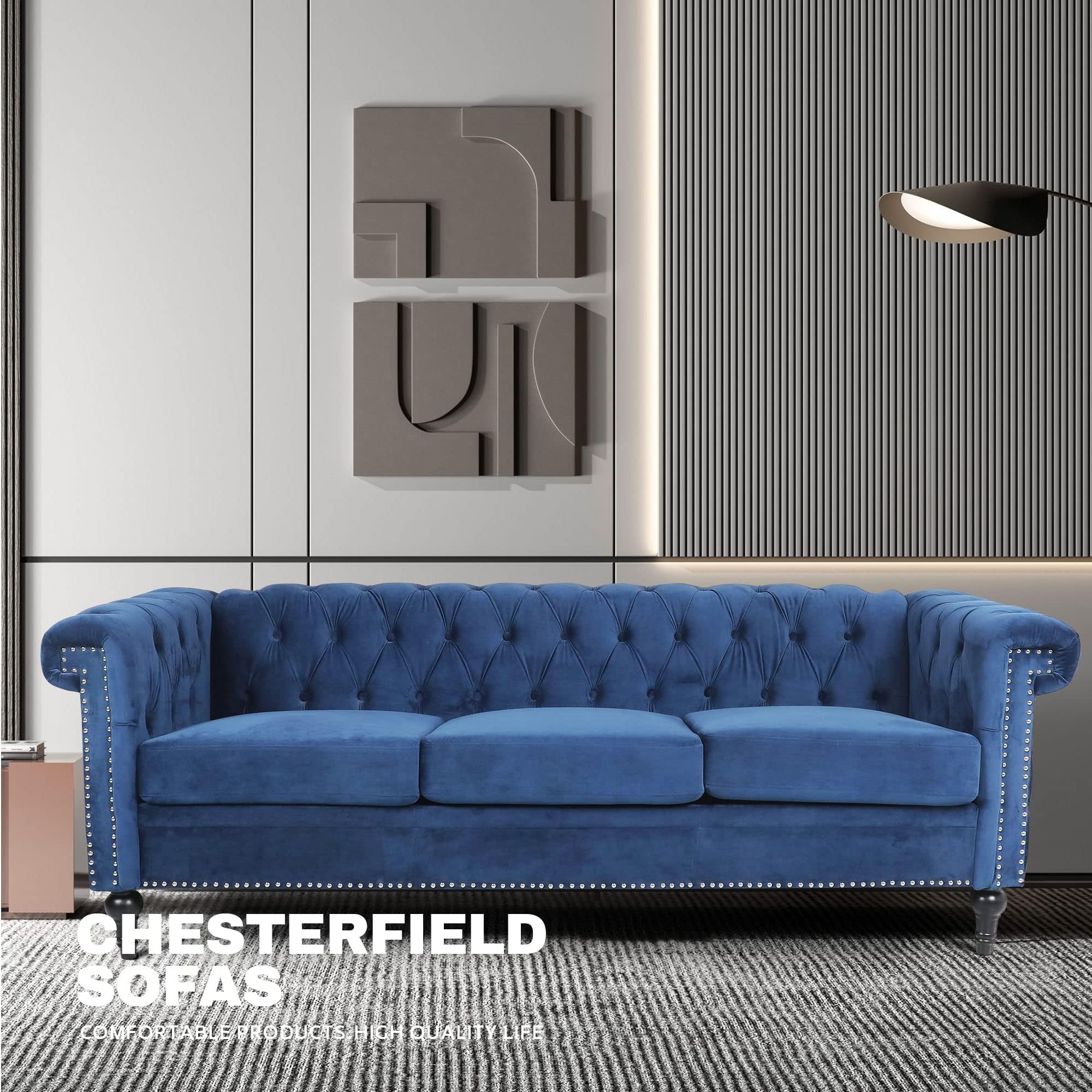 KUVENQIW Modern Chesterfield Sofa Fabric Couch.Button Tufted Nailhead upholstered Three-Seater Sofa for Living Room, Bedroom, Office Lounge.Comfortable and Durable.(Blue)