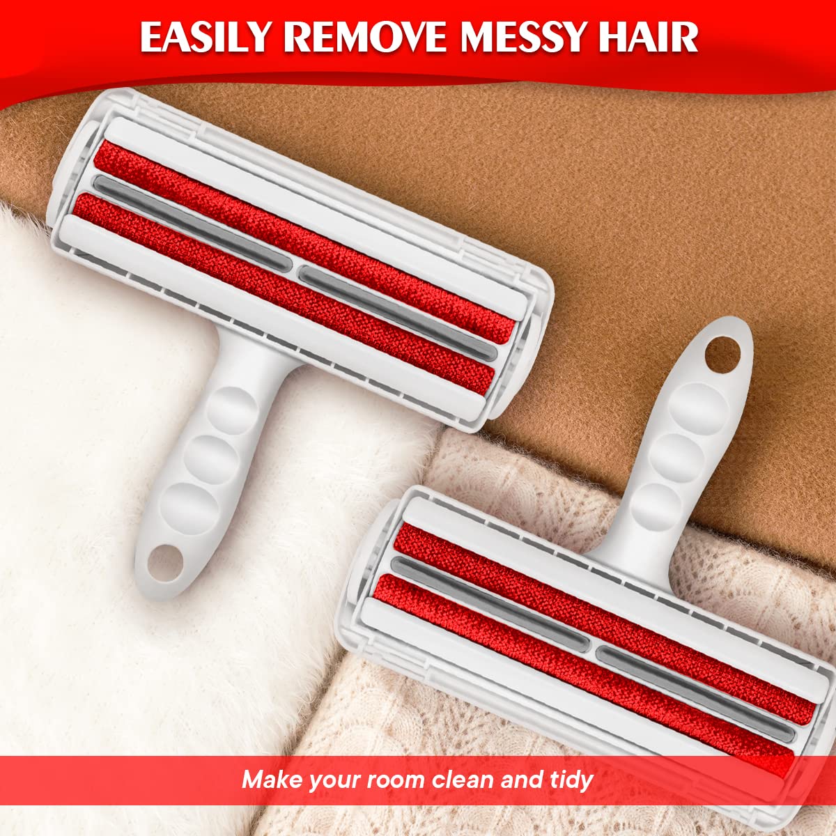 WOOTONG Pet Hair Remover Roller - Efficient Animal Hair Removal Tool for Cat & Dog Hair, Self-Cleaning Base, Red Color, Plastic, Manual, 1 Count (Reda)