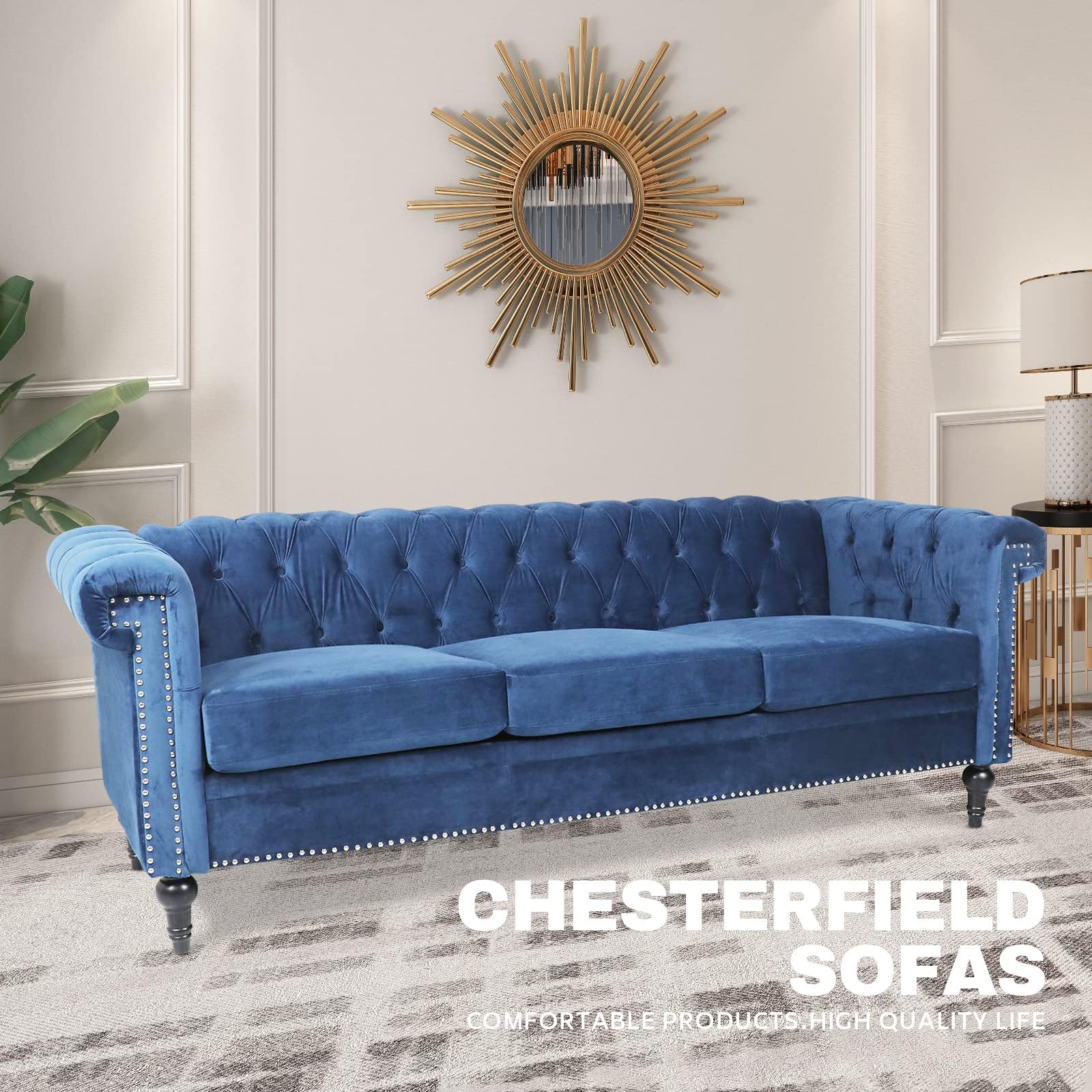 KUVENQIW Modern Chesterfield Sofa Fabric Couch.Button Tufted Nailhead upholstered Three-Seater Sofa for Living Room, Bedroom, Office Lounge.Comfortable and Durable.(Blue)