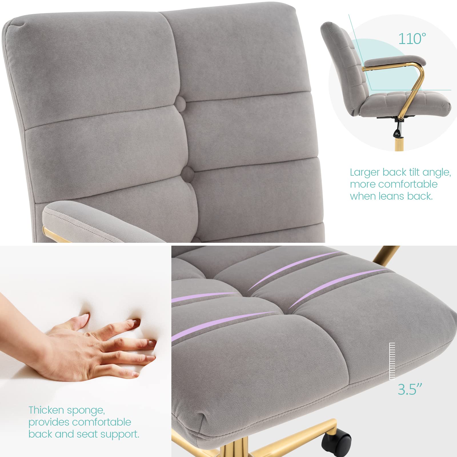 MFD LIVING Velvet Home Office Desk Chair, Upholstered Adjustable Swivel Task Chair with Wheels, Tufted Mid-Back Computer Chair with Arms, for Study Living Room Vanity (Grey, Gold Base)