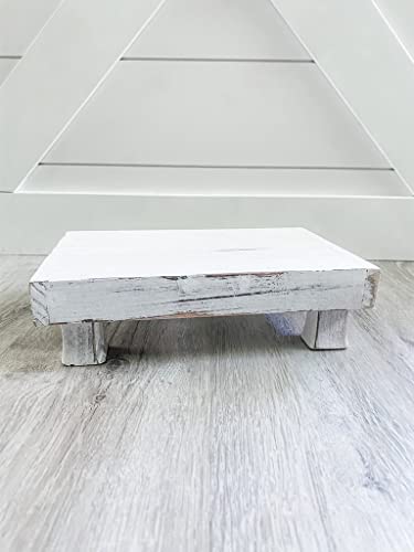 Farmhouse Wood Riser - Rustic White Wooden Rectangular Pedestal Stand Display for Serving Tray - Decorative Plant, Mug and Centerpiece Decor Holder for Kitchen, Bathroom, Countertop & Coffee Bar