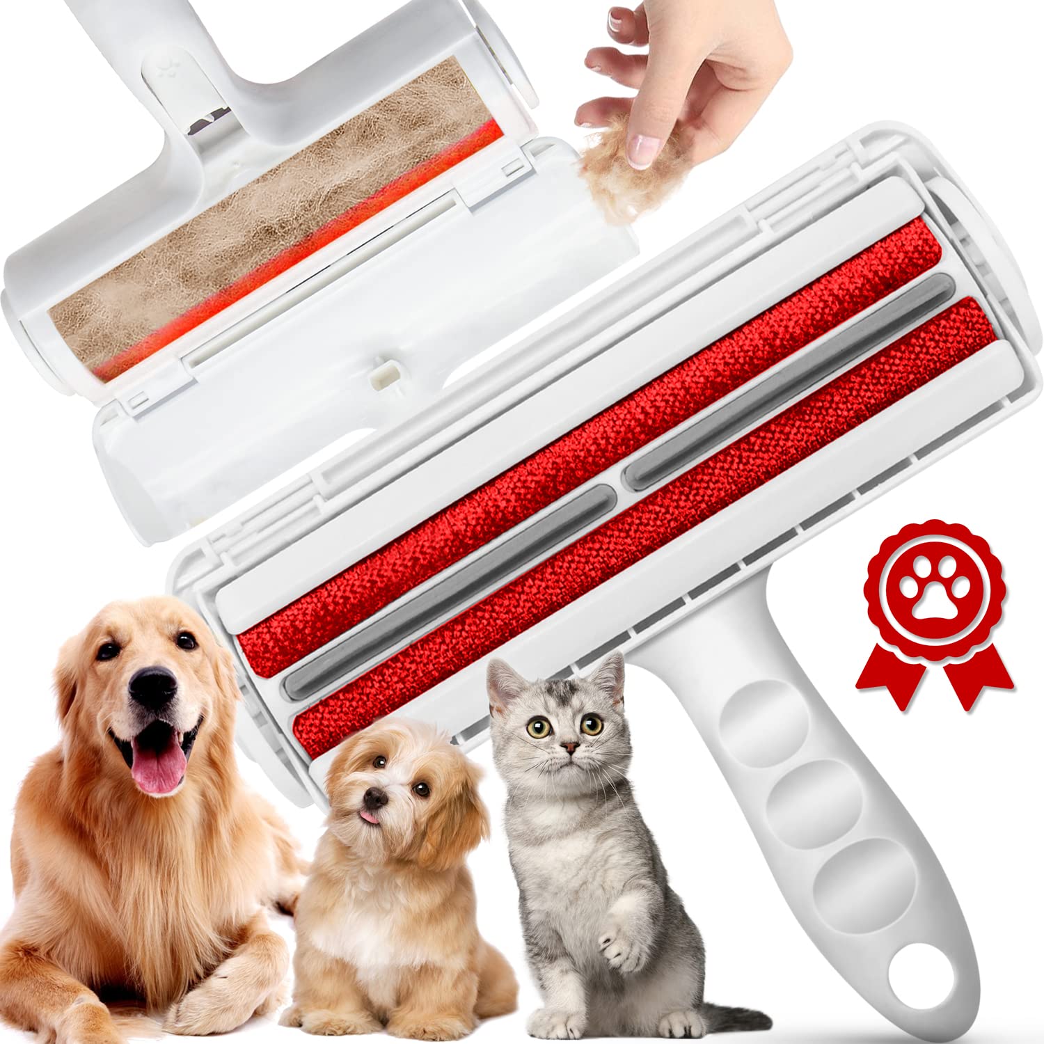 WOOTONG Pet Hair Remover Roller - Efficient Animal Hair Removal Tool for Cat & Dog Hair, Self-Cleaning Base, Red Color, Plastic, Manual, 1 Count (Reda)