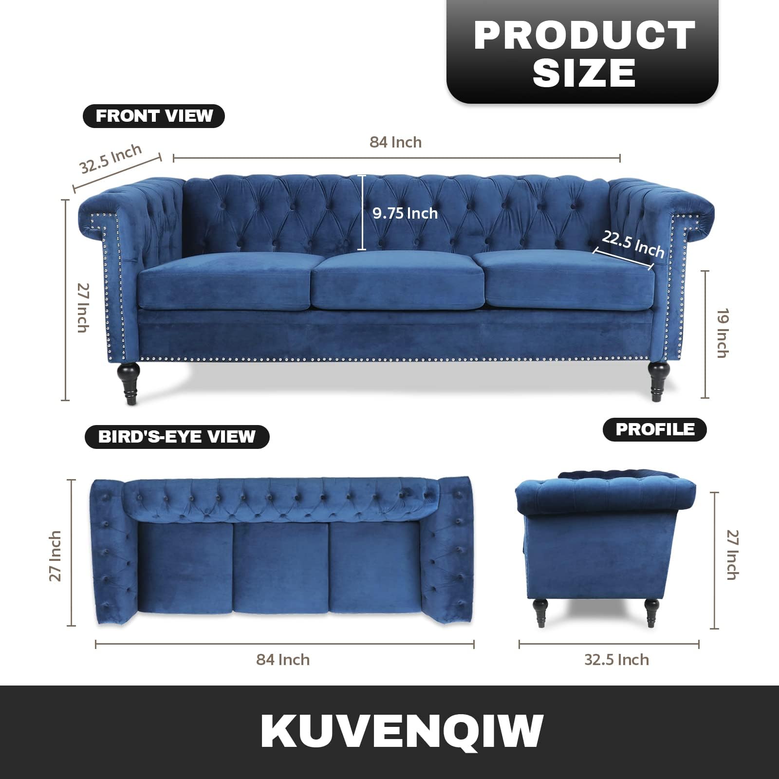 KUVENQIW Modern Chesterfield Sofa Fabric Couch.Button Tufted Nailhead upholstered Three-Seater Sofa for Living Room, Bedroom, Office Lounge.Comfortable and Durable.(Blue)