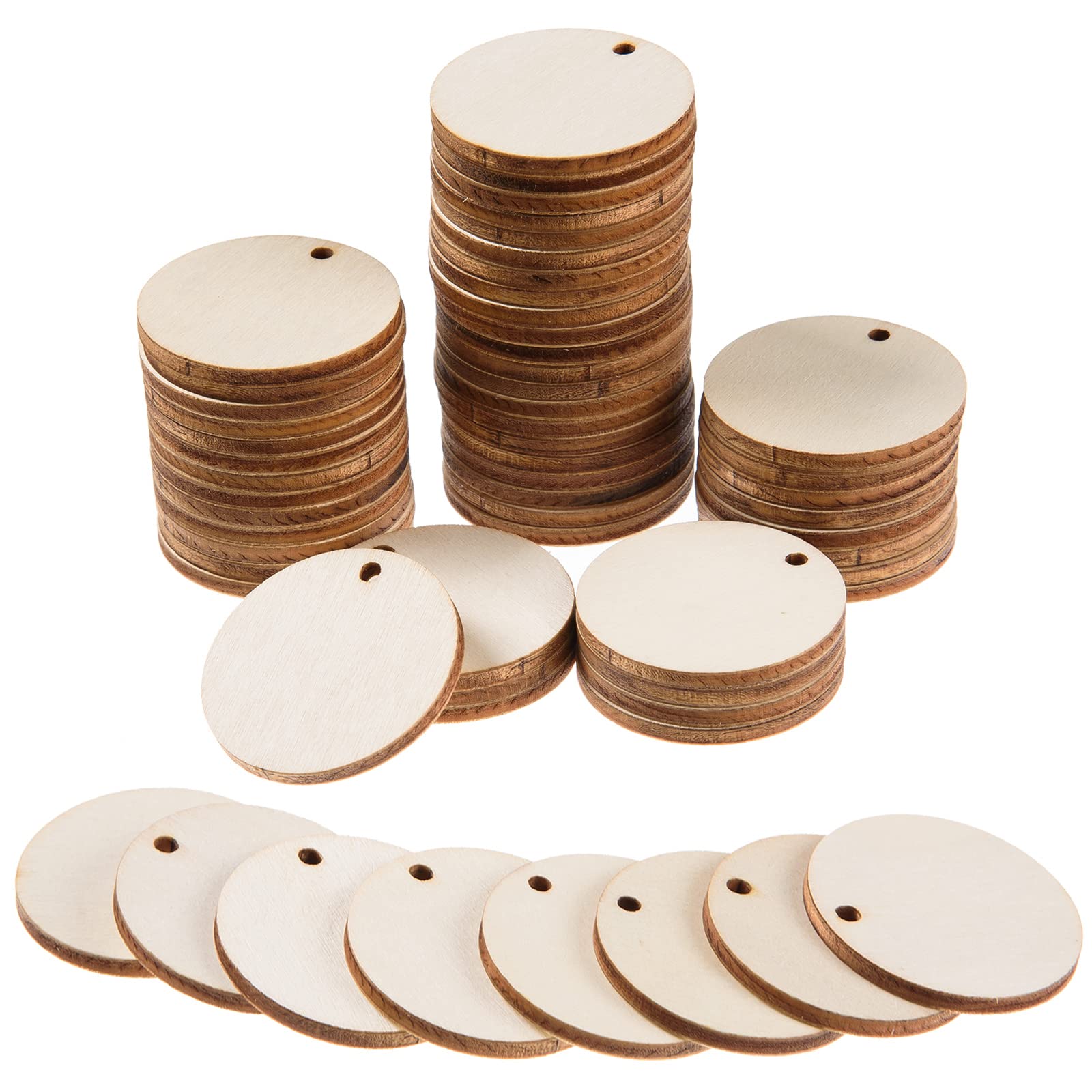 100Pcs Unfinished Wooden Circles with Holes 1.5 Inch Wood Rounds Tags Blank Natural Round Wood Discs for Crafts Wooden Circle Cutouts Ornaments for DIY Crafts, Parties, Birthday, Christmas, Home Decor