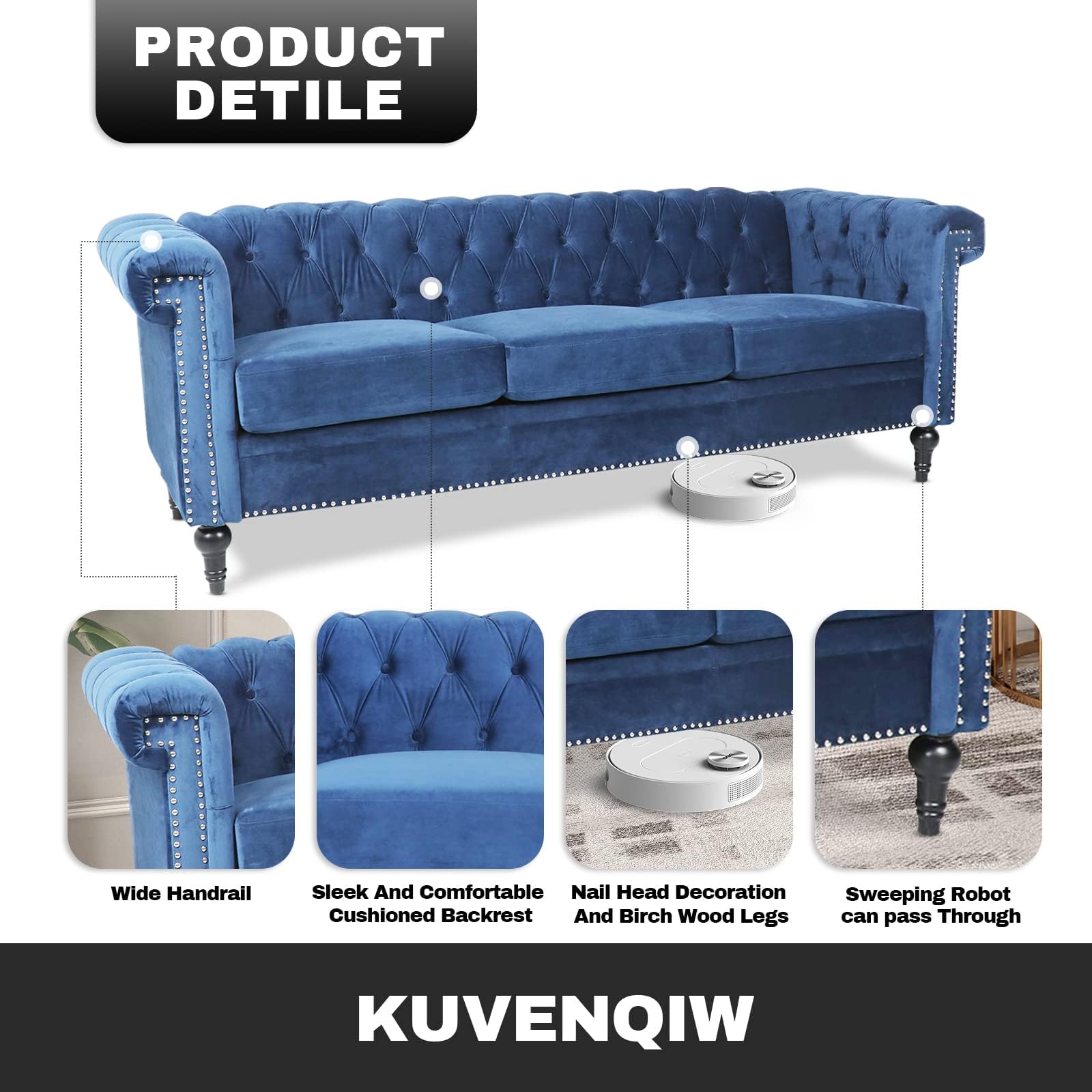 KUVENQIW Modern Chesterfield Sofa Fabric Couch.Button Tufted Nailhead upholstered Three-Seater Sofa for Living Room, Bedroom, Office Lounge.Comfortable and Durable.(Blue)