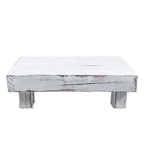 Farmhouse Wood Riser - Rustic White Wooden Rectangular Pedestal Stand Display for Serving Tray - Decorative Plant, Mug and Centerpiece Decor Holder for Kitchen, Bathroom, Countertop & Coffee Bar