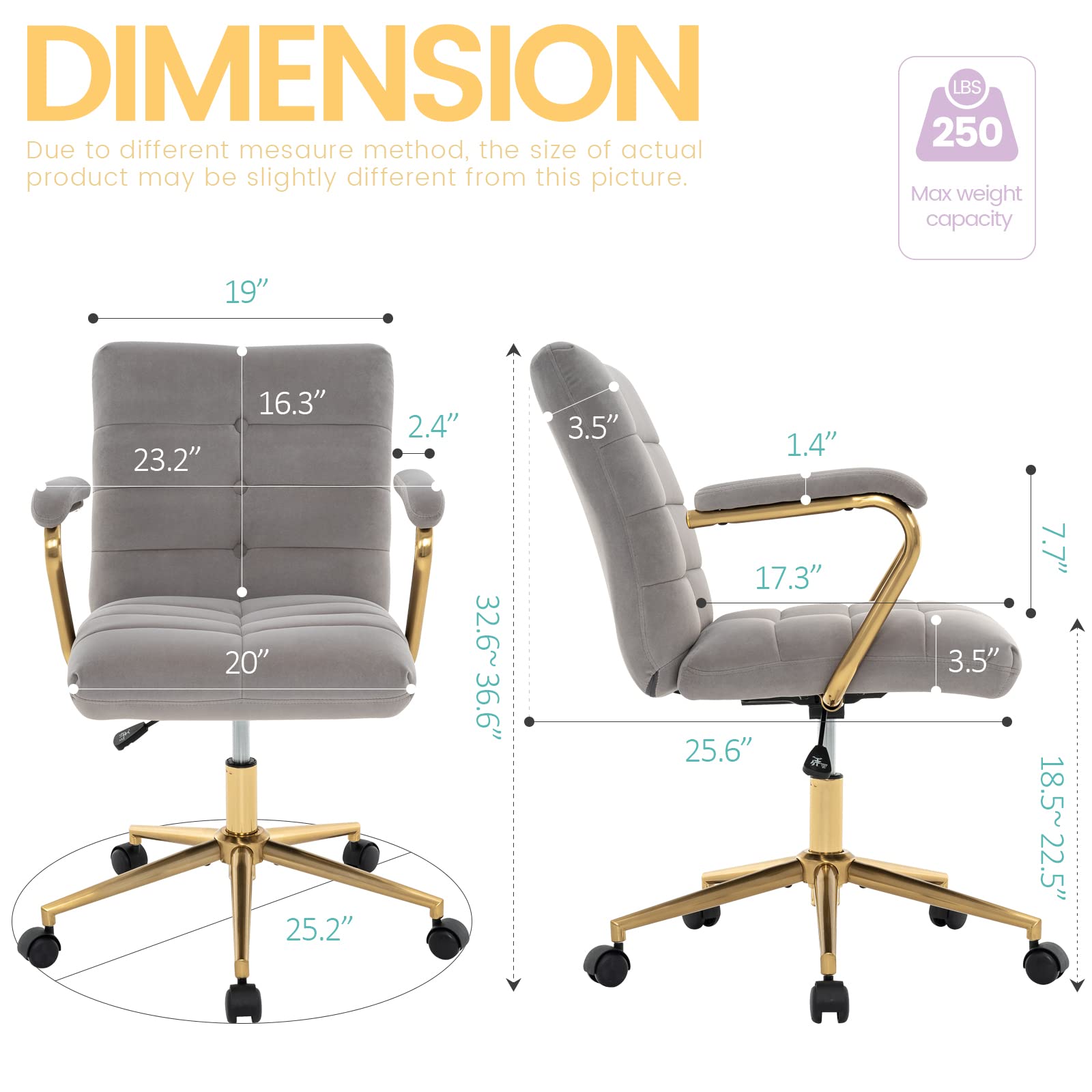 MFD LIVING Velvet Home Office Desk Chair, Upholstered Adjustable Swivel Task Chair with Wheels, Tufted Mid-Back Computer Chair with Arms, for Study Living Room Vanity (Grey, Gold Base)