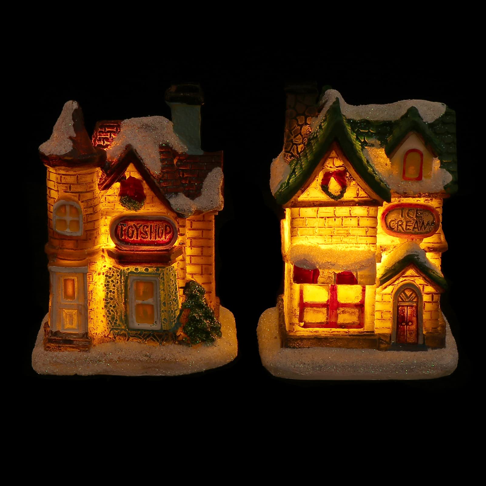 SAFIGLE Christmas Village Sets, LED Lighted Christmas Village Houses Figurines for Christmas Tree Decorations, Vintage Christmas Village Collection for Christmas Holiday Home Decorations