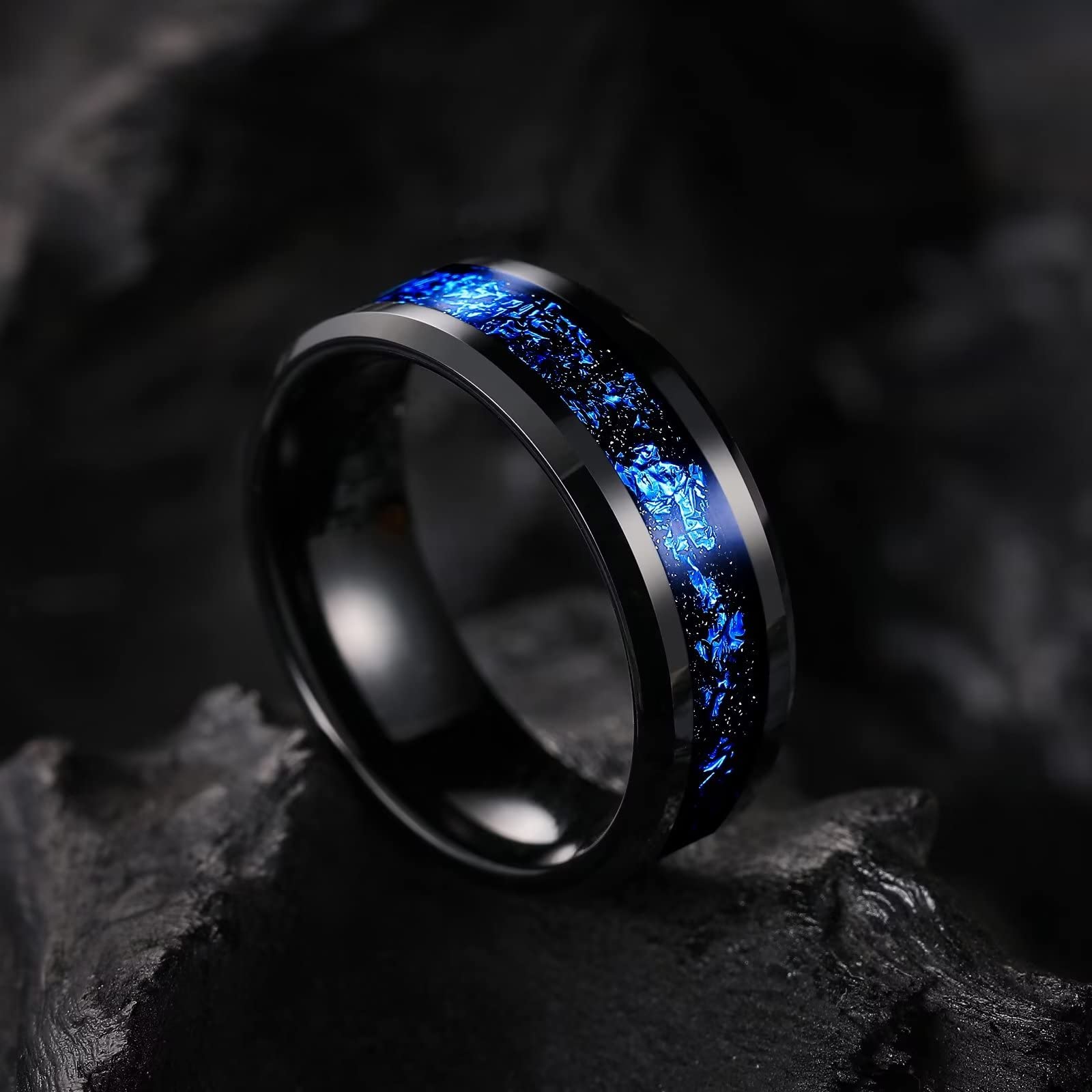 King Will Mens 8mm Black Tungsten Carbide Wedding Ring Blue Foils Inlay Tungsten Ring Beveled Edge Tungsten Ring 10