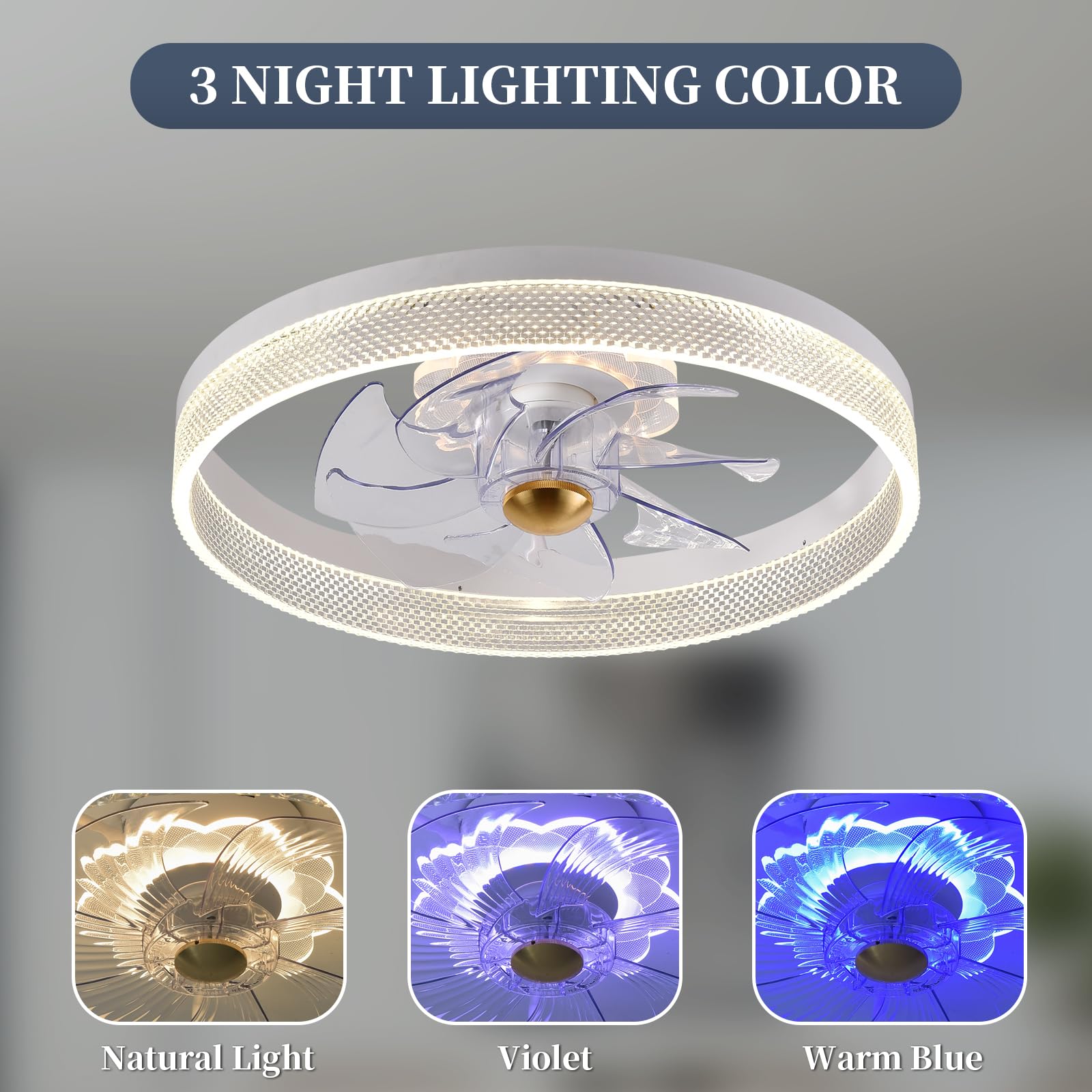 Fszdorj 20‘’ Ceiling Fan with Light, 2024 Upgraded, Low Profile Fan, Flush Mount Ceiling Fan, 6 Speeds, Dimmable LED, App & Remote Control, Quiet DC Motor, For Bedroom, Living Room, F093 White