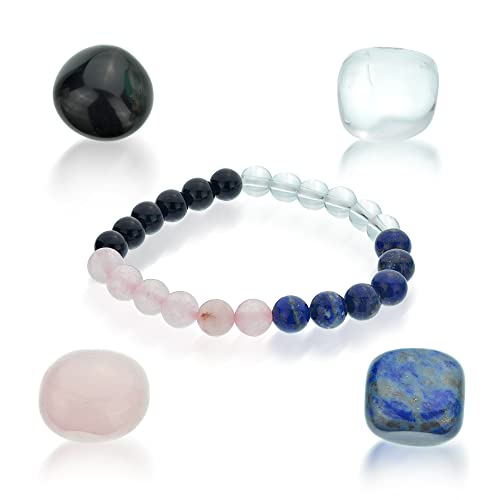 Healing Crystals for House Protection set of 5 include one bracelet with Rose Quartz, Crystal Quartz, Black Obsidian, Lapis Lazuli Palm Stones to tackle negativity & emotional baggage, gain creativity