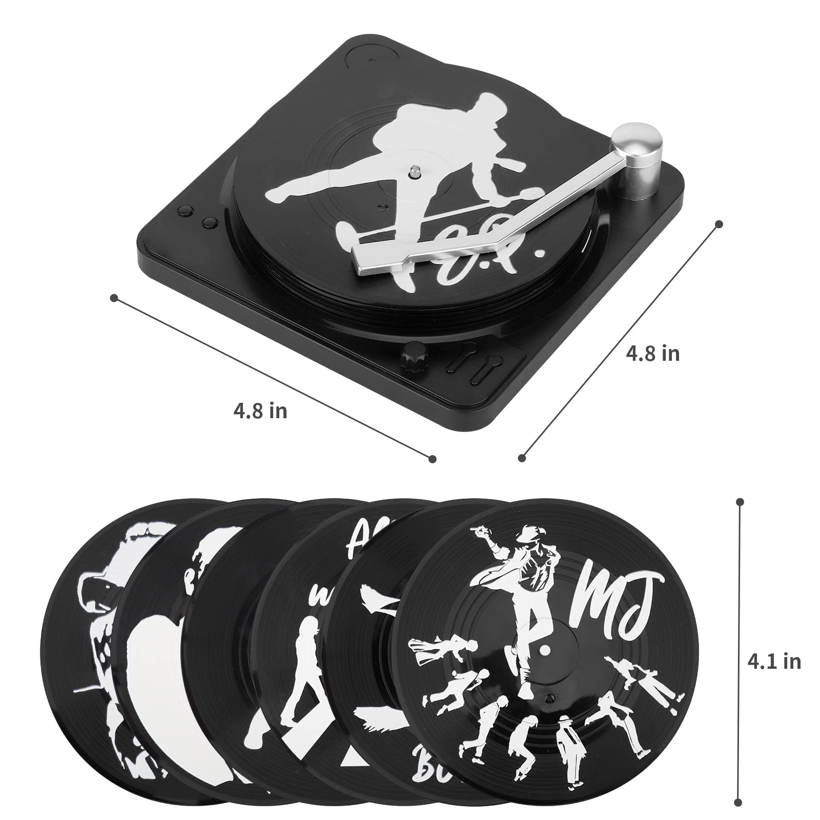 REDIVA Vinyl Record Coasters for Drinks with Record Player Holder, 6 Pcs Retro and Legendary Coasters Set, Funny Coasters for Music Lovers, Housewarming Hostess Gifts, Birthday Gift Ideas