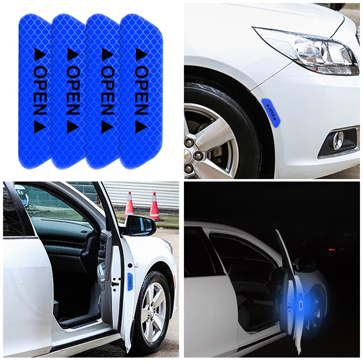 4PCS Car Door Open Warning Reflective Stickers, Night Visibility Auto Safety Prompt Decals, 3.6 x 0.9 Inch Anti-Collision Protective Strip, Car Accessories Universal for Truck, SUV, Van (Blue)