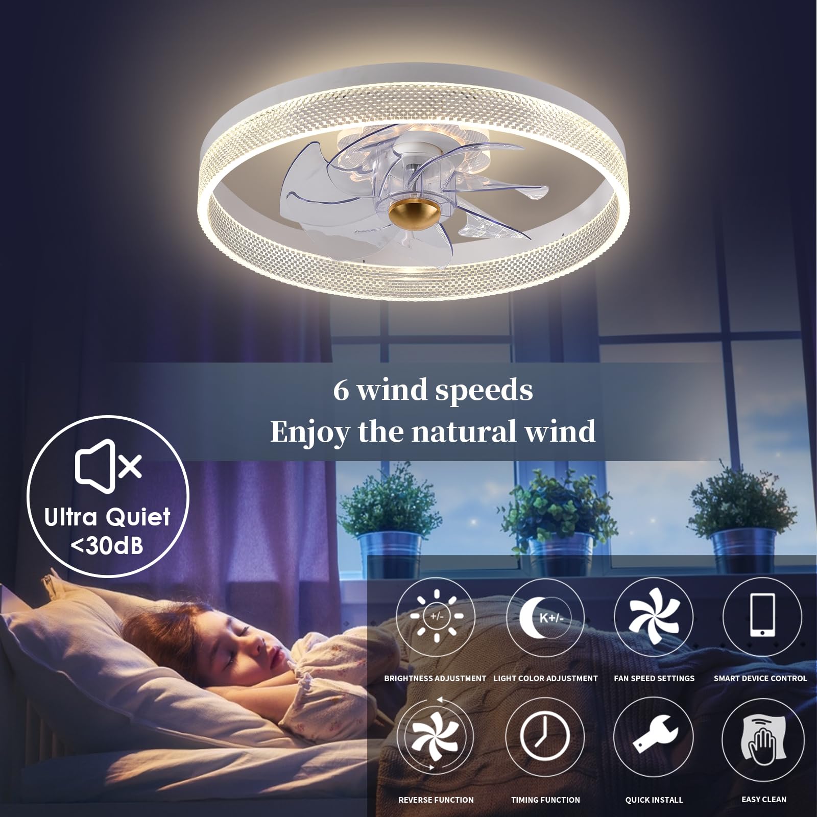 Fszdorj 20‘’ Ceiling Fan with Light, 2024 Upgraded, Low Profile Fan, Flush Mount Ceiling Fan, 6 Speeds, Dimmable LED, App & Remote Control, Quiet DC Motor, For Bedroom, Living Room, F093 White