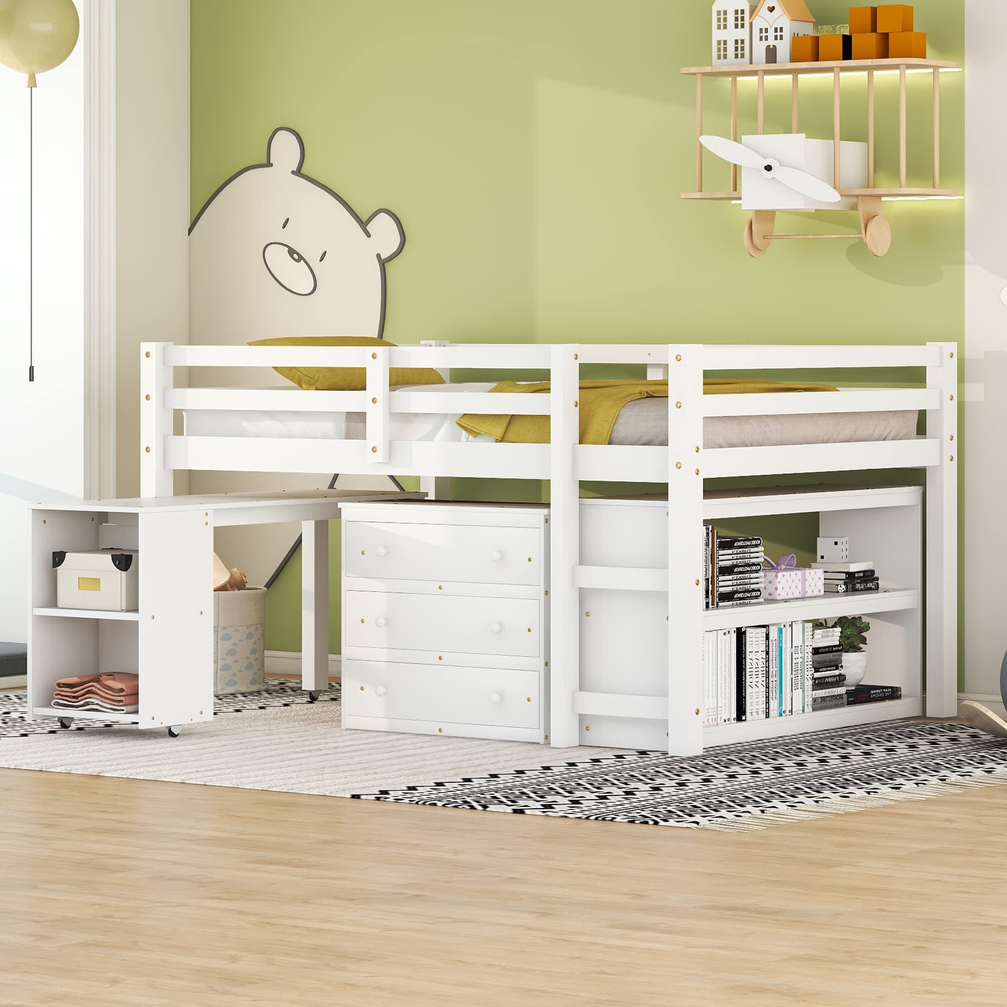 Low Full Loft Bed with Desk and Dresser Wood Kids Loft Beds Frame with Cabinet & Storage Shelves & Rolling Portable Desk for Juniors, Teen, Boys, Girls, Full Size,White
