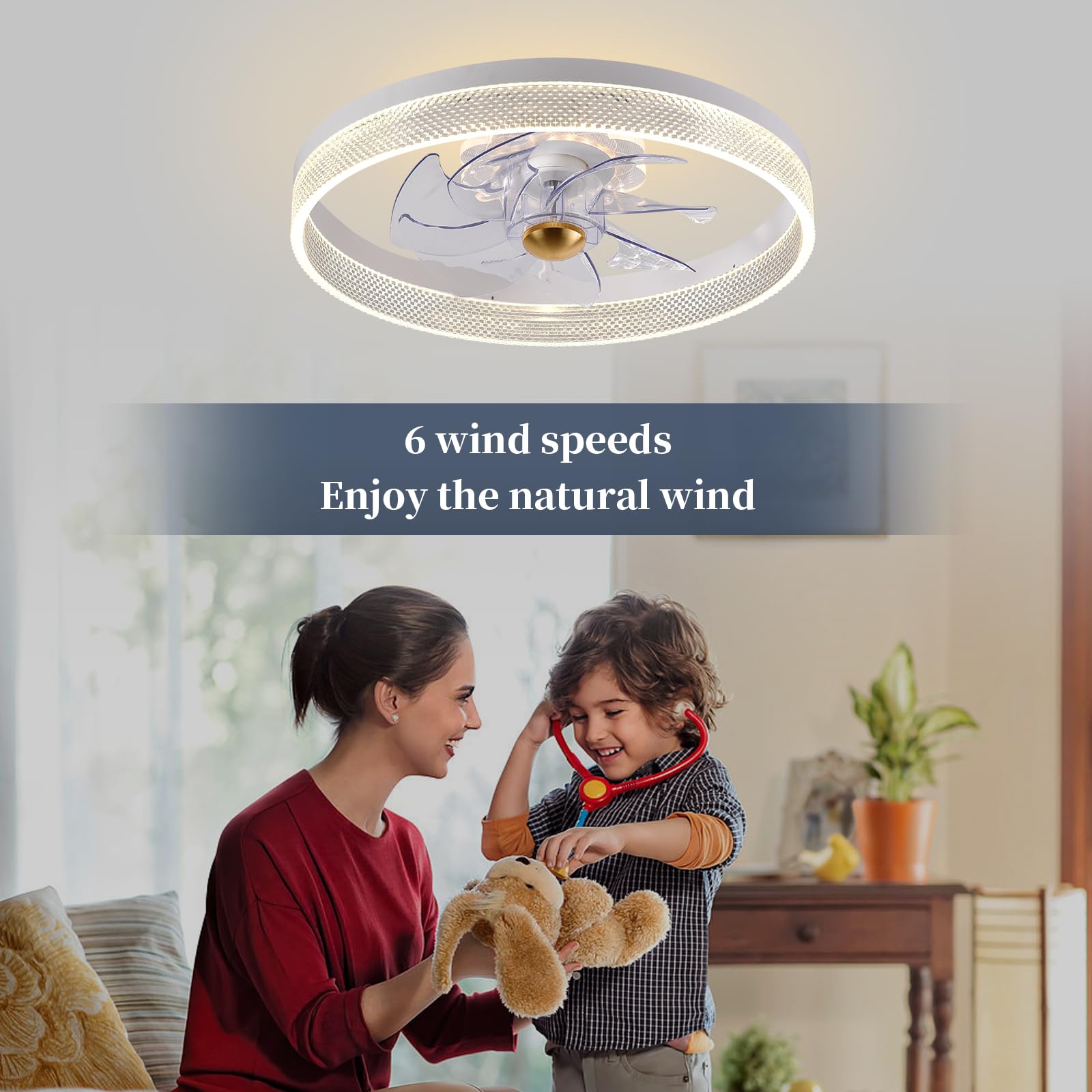 Fszdorj 20‘’ Ceiling Fan with Light, 2024 Upgraded, Low Profile Fan, Flush Mount Ceiling Fan, 6 Speeds, Dimmable LED, App & Remote Control, Quiet DC Motor, For Bedroom, Living Room, F093 White