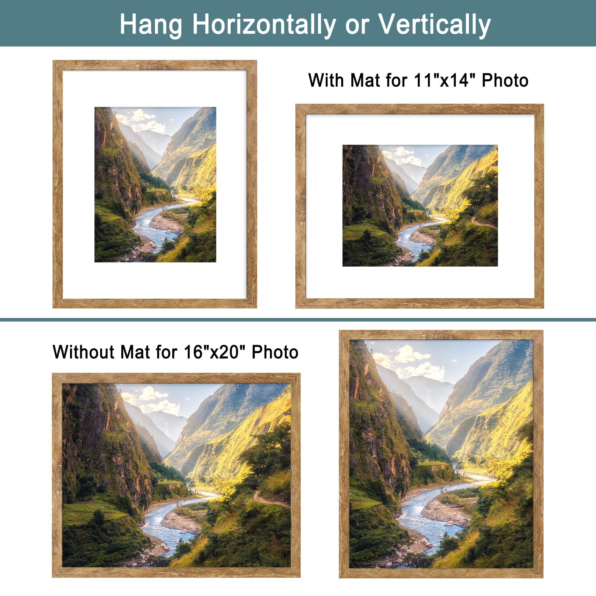 16x20 Frame Set of 2 with Plexiglass, Rustic Brown Wood Frame Display 11x14 Picture with Mat or 16 x 20 Picture Without Mat, 16x20 Poster Frame for Wall Gallery Mounting Horizontal and Vertical