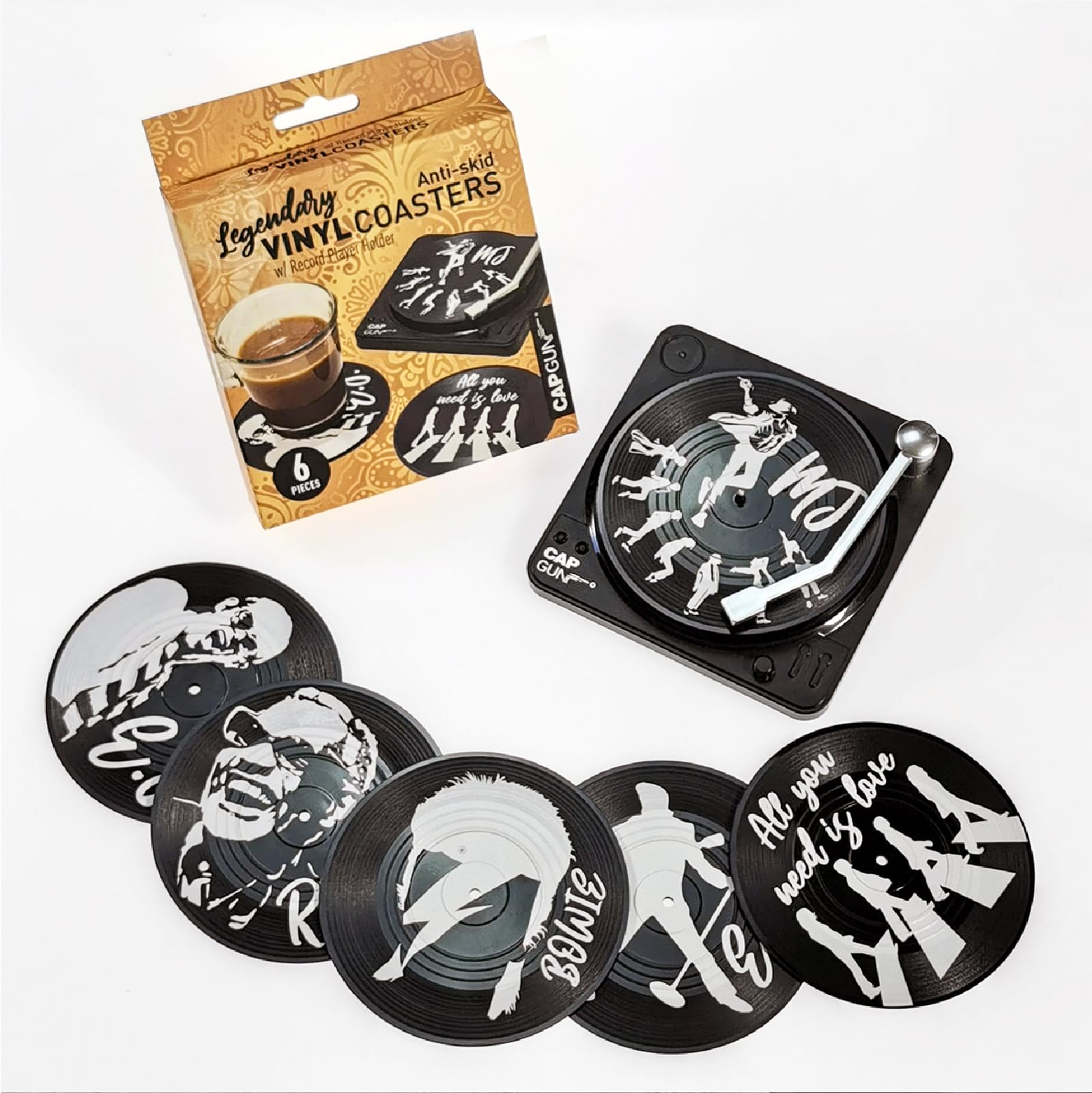REDIVA Vinyl Record Coasters for Drinks with Record Player Holder, 6 Pcs Retro and Legendary Coasters Set, Funny Coasters for Music Lovers, Housewarming Hostess Gifts, Birthday Gift Ideas