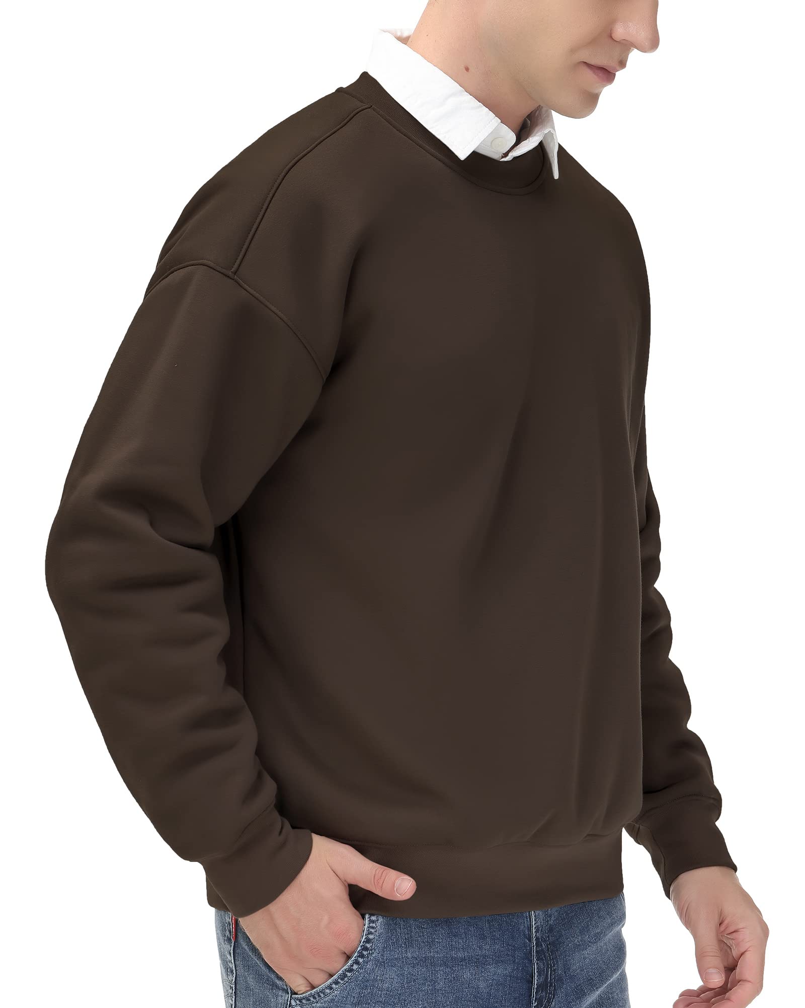 THE GYM PEOPLE Men's Fleece Crewneck Sweatshirt Thick Loose fit Soft Basic Pullover Sweatshirt(Brown, Small)