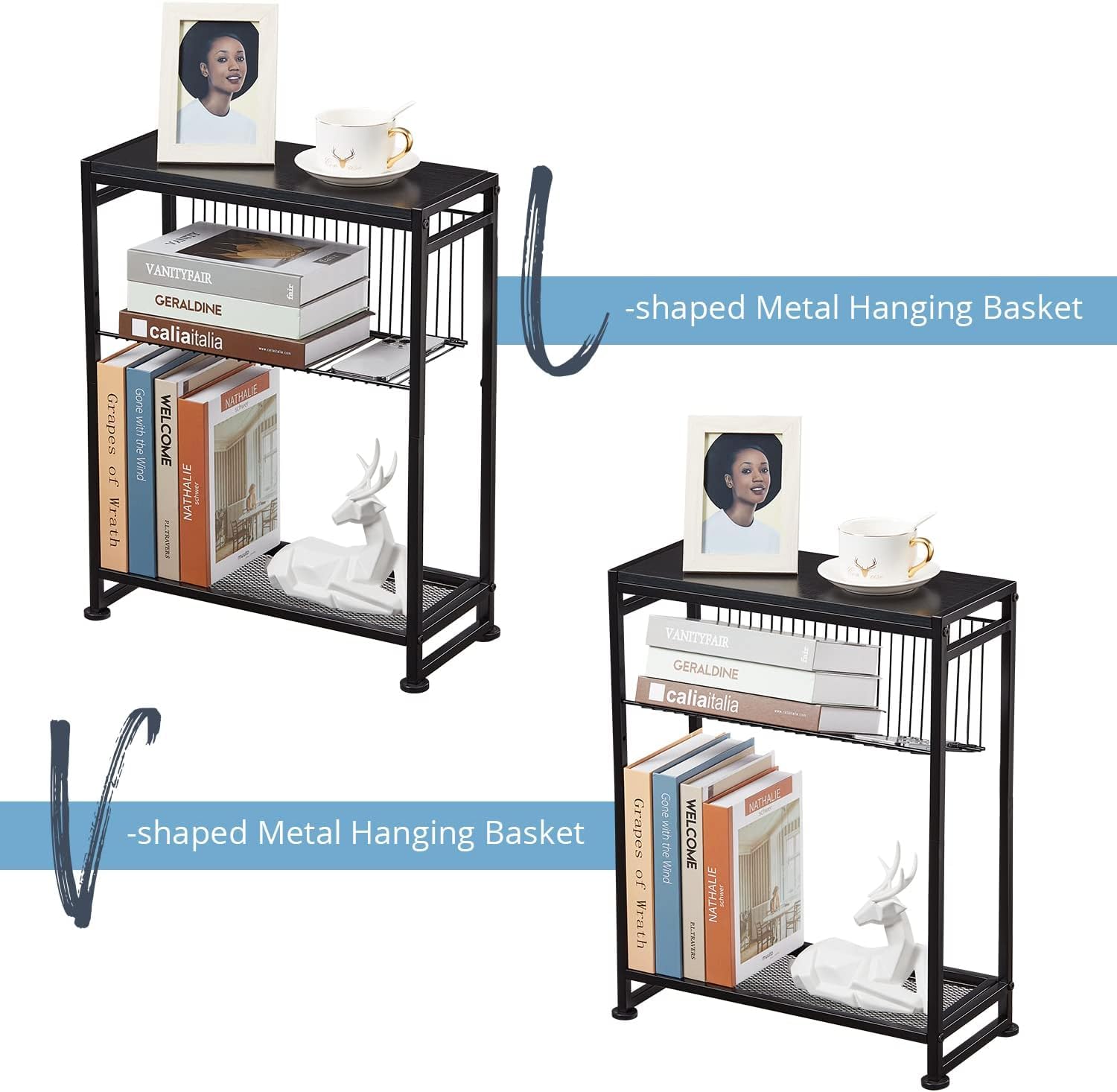 Slim End Table with Magazine Holder - 2 in 1 Design for Small Spaces - Black