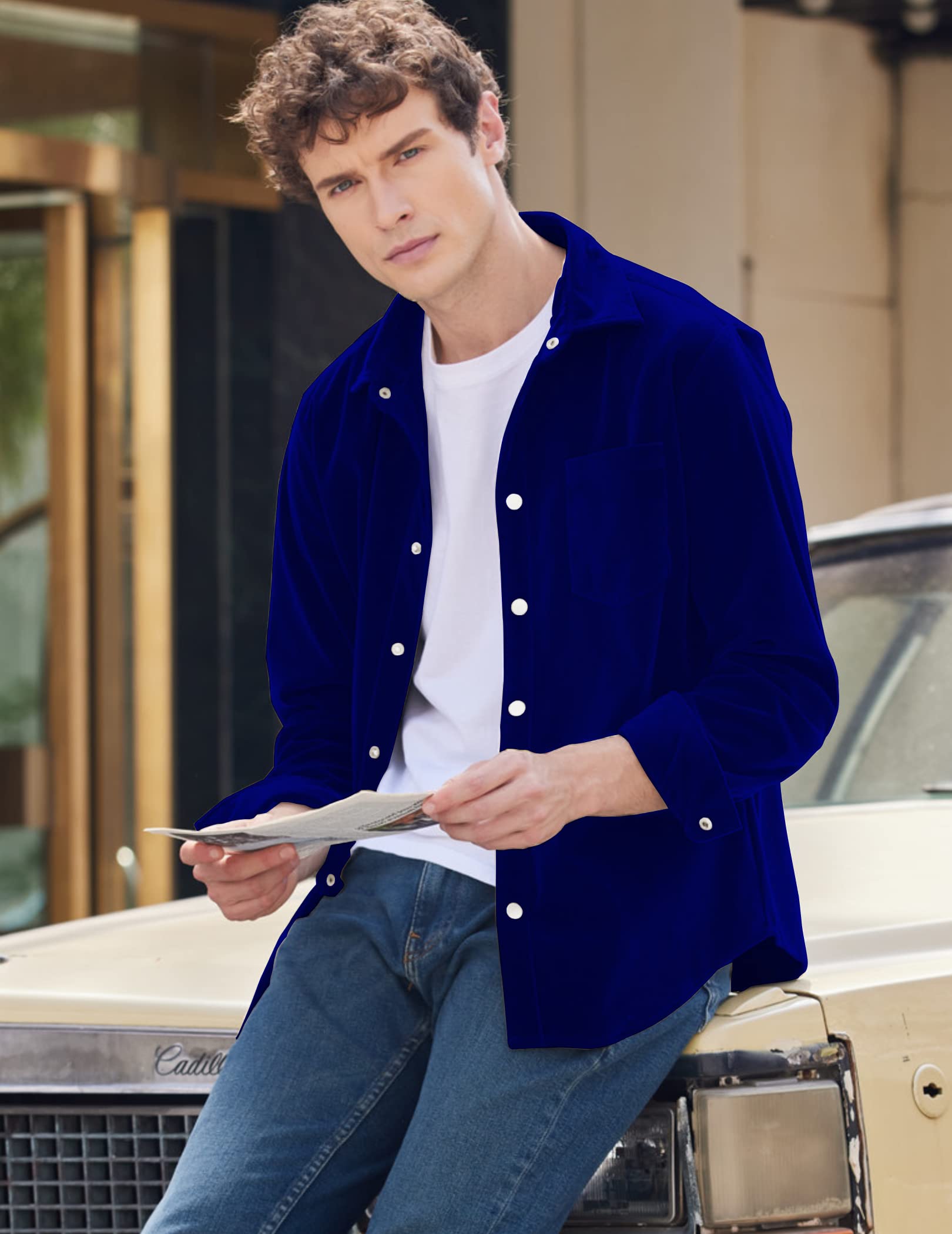 COOFANDY Men's Casual Dress Shirt Vintage Suede Jacket Lightweight Faux Suede Shirt Jacket Blue