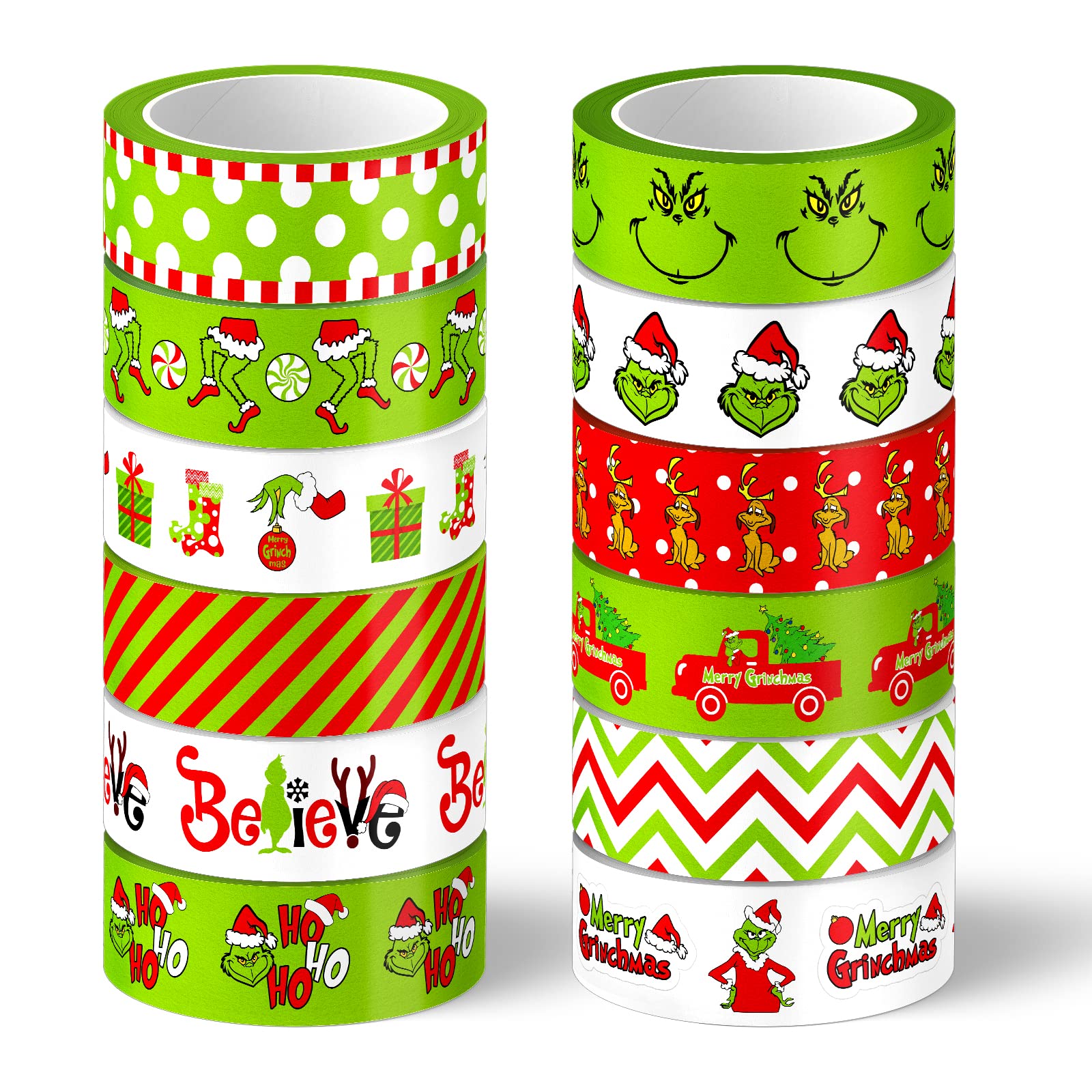 Whaline 12 Rolls Christmas Washi Tape Funny Cartoon Characters Decorative Tape Green Red Xmas Holiday Masking Tape for Christmas Scrapbook Journal Calendar DIY Craft Gift Wrapping, 16.4ft x 0.6"