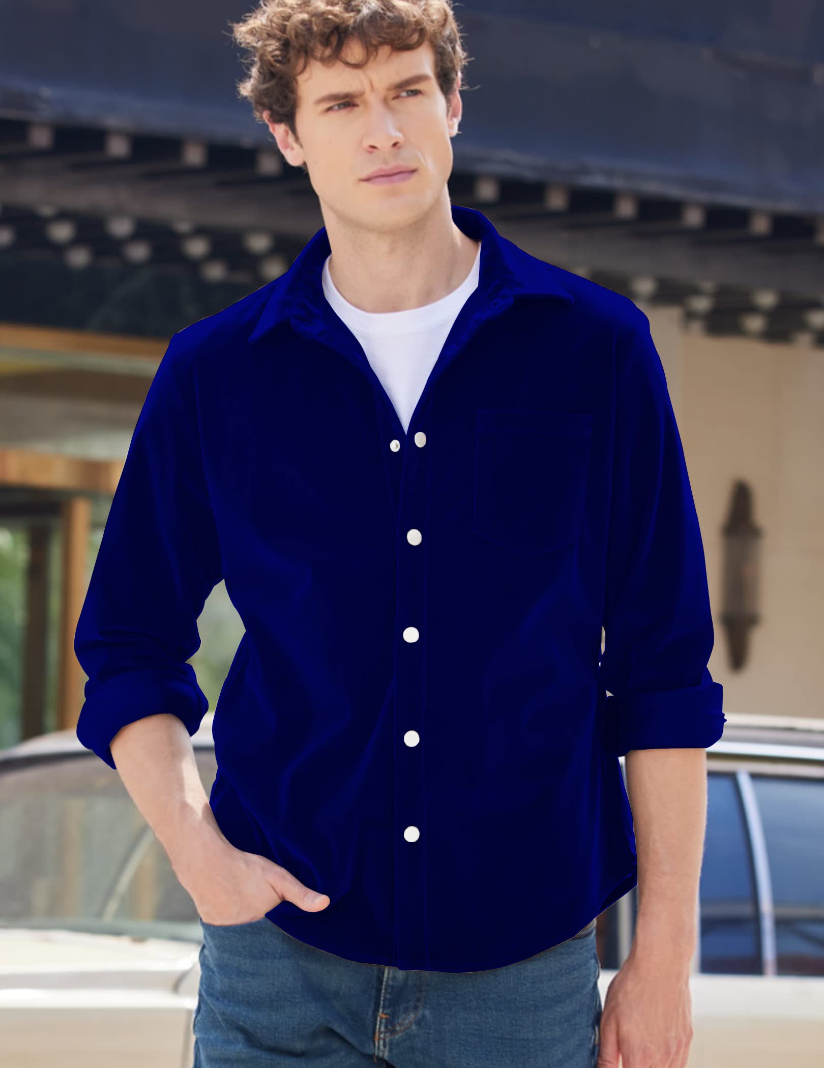 COOFANDY Men's Casual Dress Shirt Vintage Suede Jacket Lightweight Faux Suede Shirt Jacket Blue