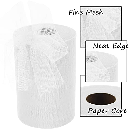 Tulle Fabric Rolls 6 Inch by 100 Yards (300 ft) White Tulle Ribbon Spool for Tutu Skirt Wedding Baby Shower Birthday Party Decorations Christmas Gift Wrapping DIY Crafts (White)