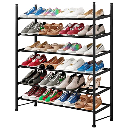 YIZAIJIA Shoe Rack Storage Organizer 6 Tier Expandable Metal Adjustable Shoe Shelf Free Standing Shoe Rack for Entryway Closet Doorway,Black