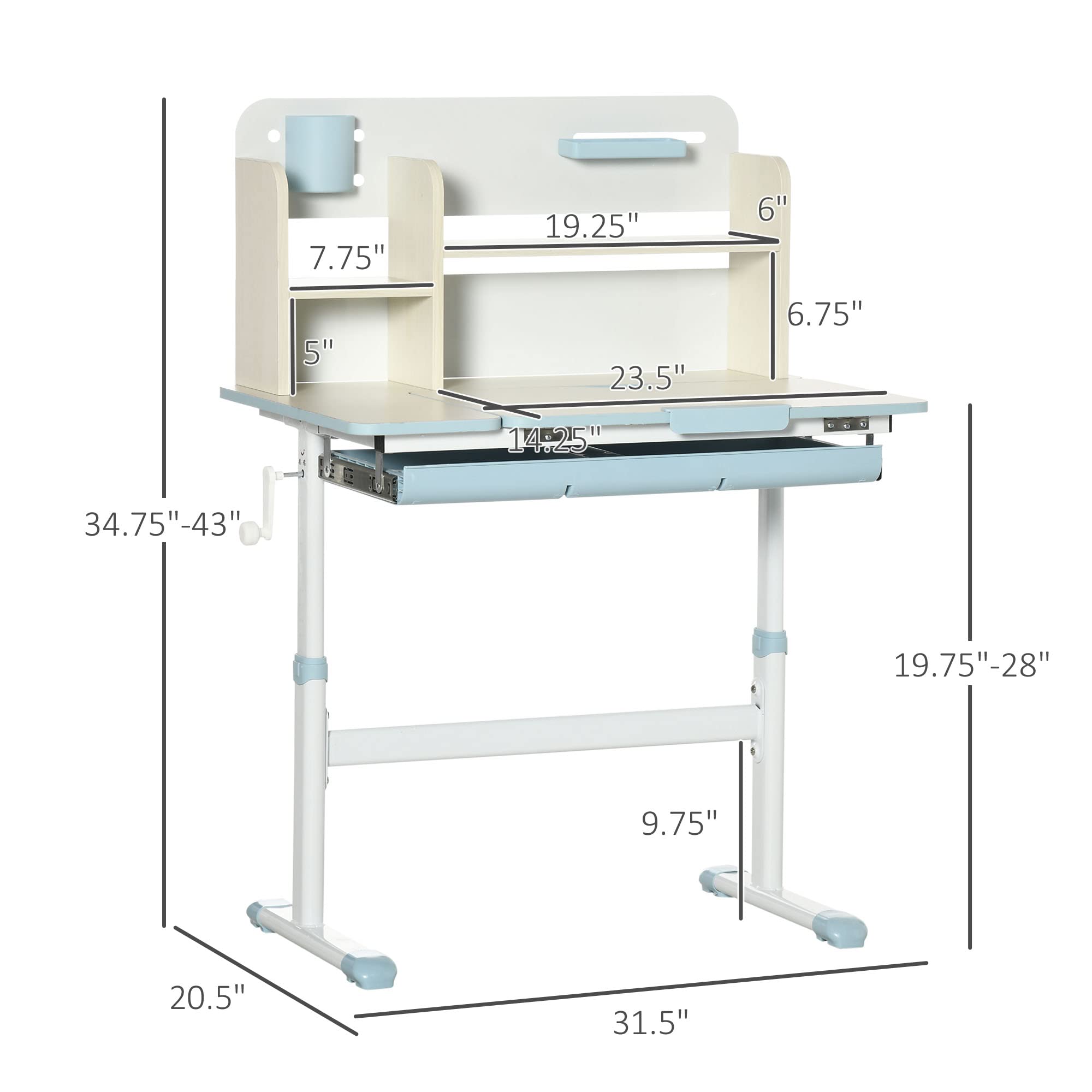 Qaba Wooden Kids Study Desk, Height Adjustable Children School Study Table, Student Writing Desk with Tilt Desktop, Drawer, Storage Shelf, Pen Holder, Blue