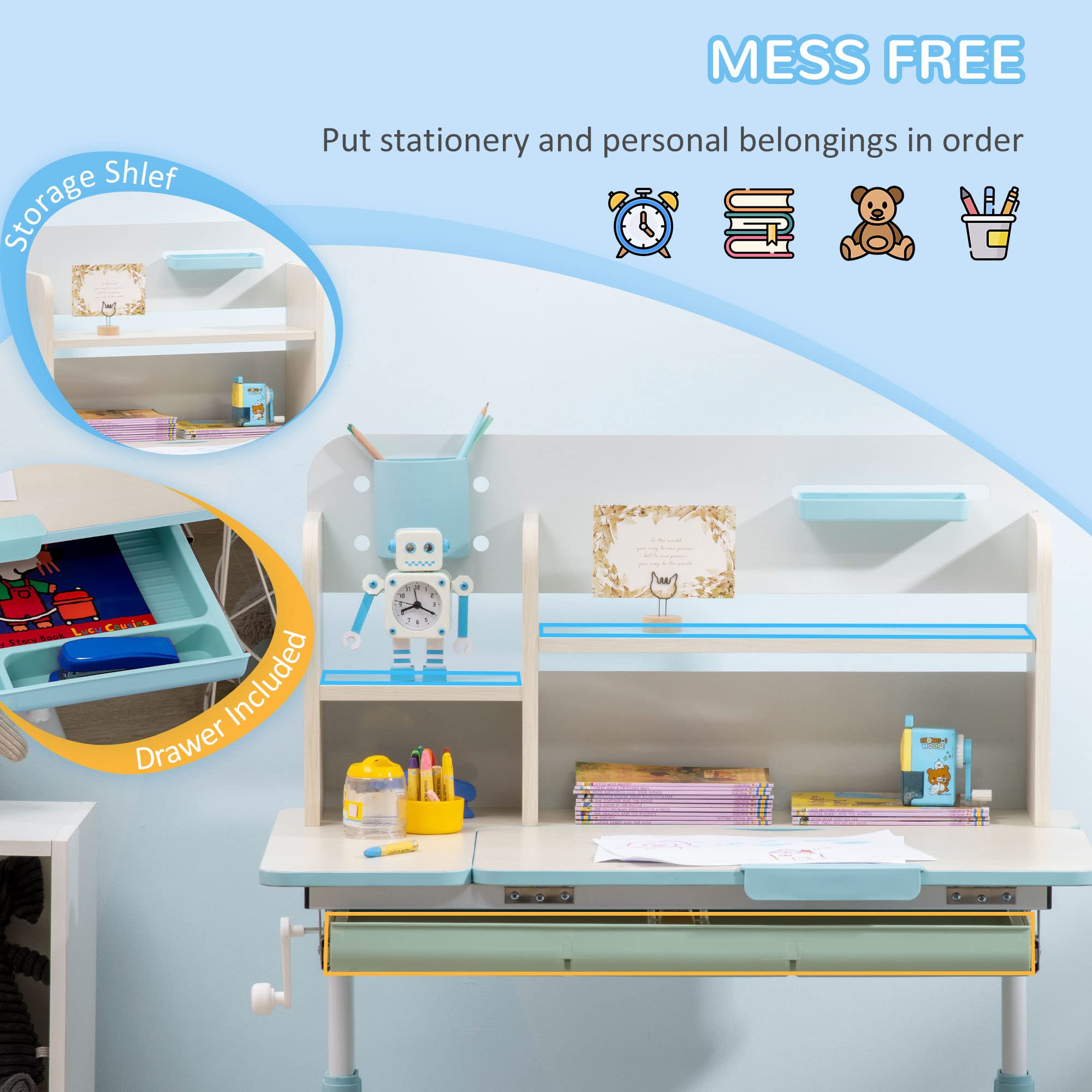 Qaba Wooden Kids Study Desk, Height Adjustable Children School Study Table, Student Writing Desk with Tilt Desktop, Drawer, Storage Shelf, Pen Holder, Blue