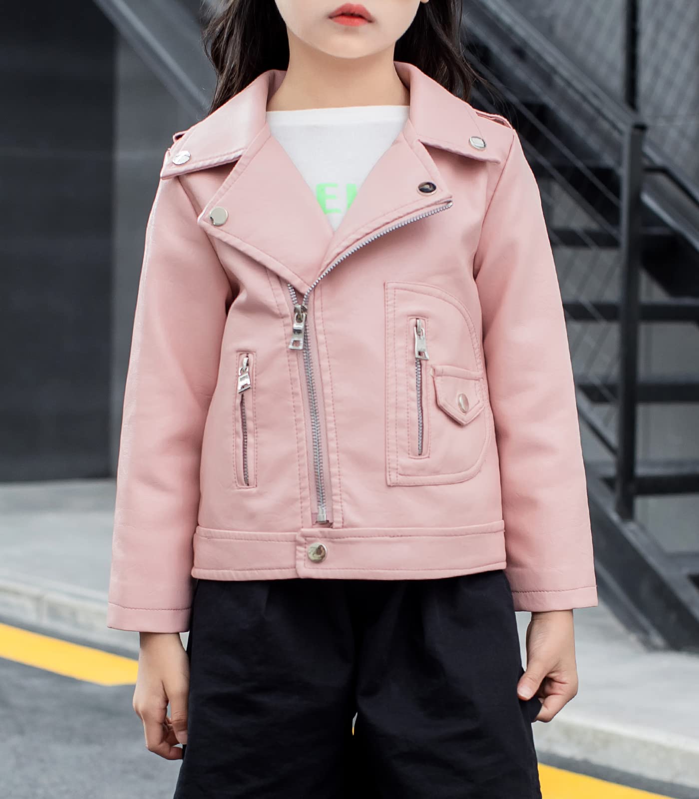 LOKTARC Boys Girls Faux Leather Jacket for Kids Motorcycle Biker Leather Jackets Pink 7-8 Years/Size 140