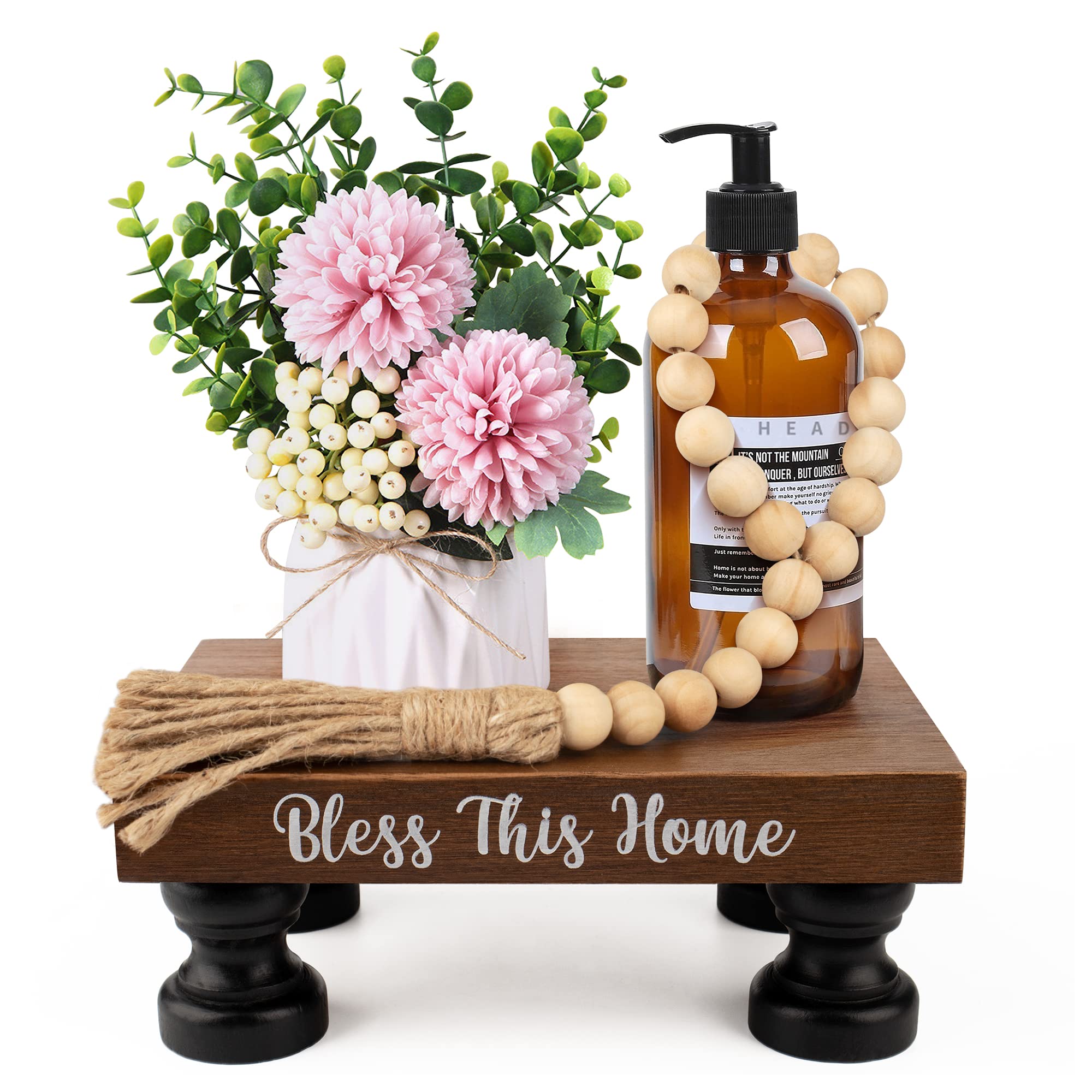 Homotte Wood Risers for Display, Wooden Square Pedestal Stand with Wooden Beads Garland, 8 Inch Small Cute Farmhouse Tray for Bathroom Decor Kitchen Sink Soap Plant Holder