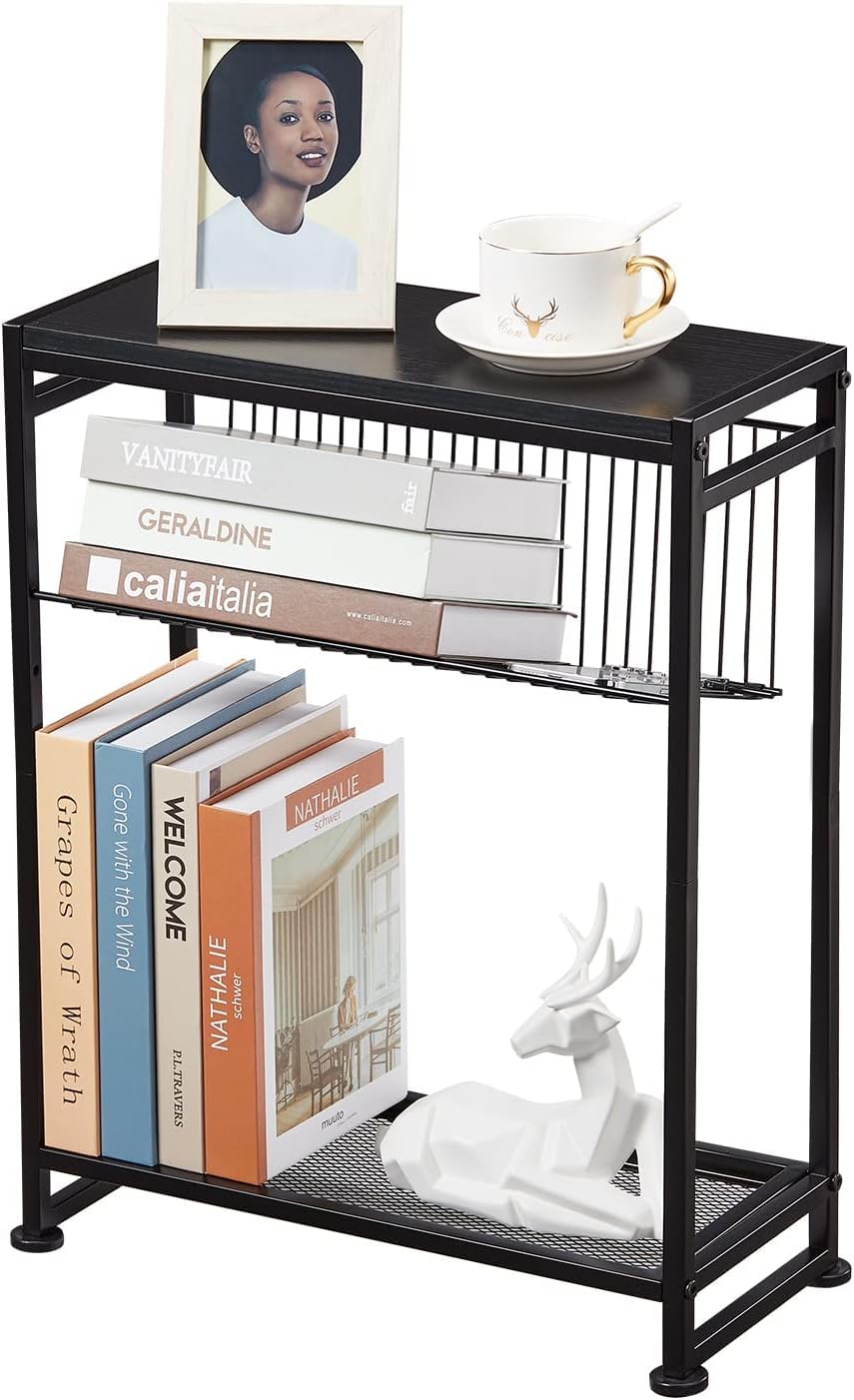 Slim End Table with Magazine Holder - 2 in 1 Design for Small Spaces - Black
