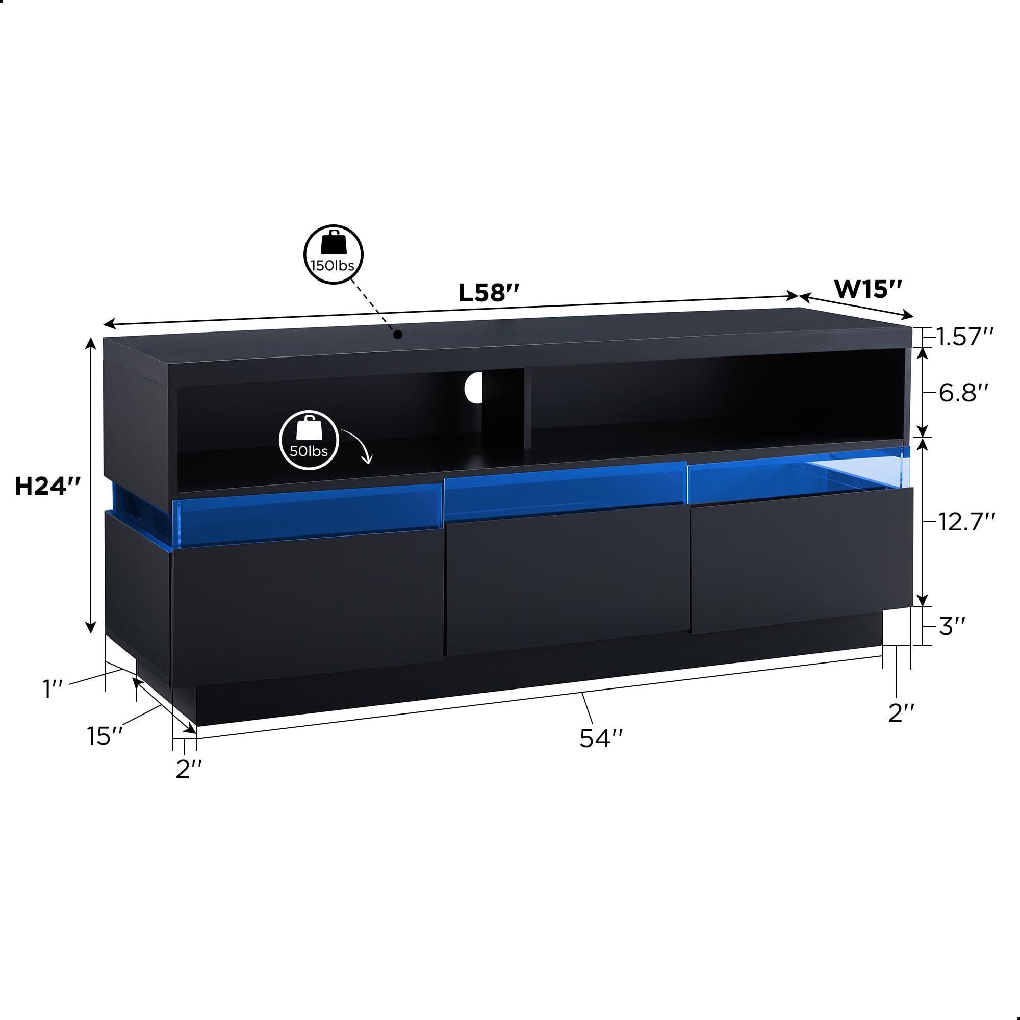 T4TREAM LED TV Stand for 65 Inch TV, Modern Gaming Entertainment Center with LED Lights, Media Storage Console Table with Large Sliding Drawer & Side Cabinets for Living Room, Solid Black, 58 Inch