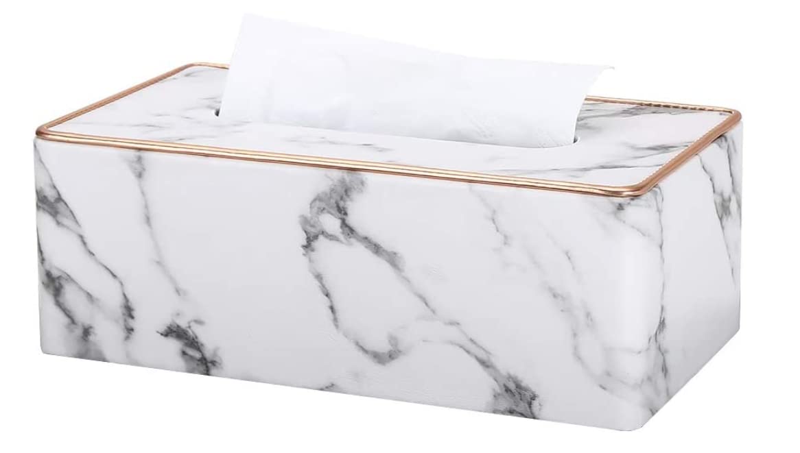 Sumnacon Rectangular Leather Tissue Box Cover - Stylish Tissue Box Holder with Magnetic Bottom, Decorative PU Tissue Box for Vanity Dresser Night Stand Table Countertop Home Office Car, Marble White