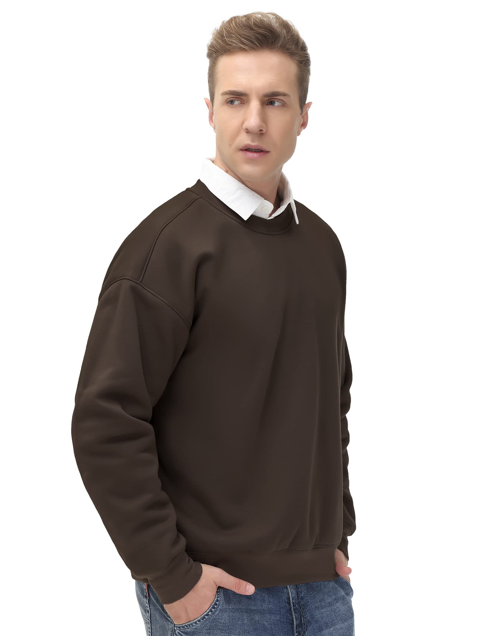 THE GYM PEOPLE Men's Fleece Crewneck Sweatshirt Thick Loose fit Soft Basic Pullover Sweatshirt(Brown, Small)