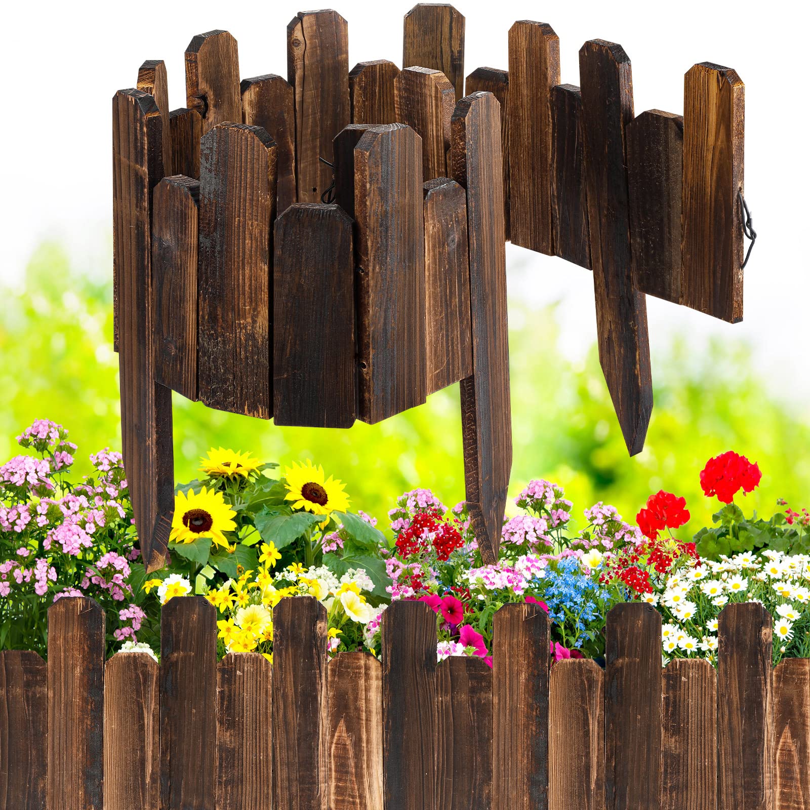 Bucherry 2 Pcs Staggered Wood Garden Edging Border Short Picket Fence Burnt Wood Finish Outdoor Landscape Flower Bed Decorative Borders with Gloves for Spring Garden Lawn Yard,7.9 x 47 Inches