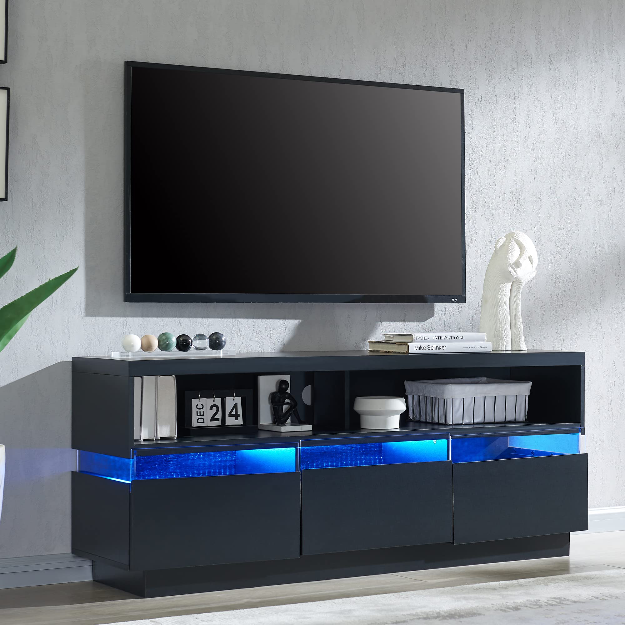 T4TREAM LED TV Stand for 65 Inch TV, Modern Gaming Entertainment Center with LED Lights, Media Storage Console Table with Large Sliding Drawer & Side Cabinets for Living Room, Solid Black, 58 Inch