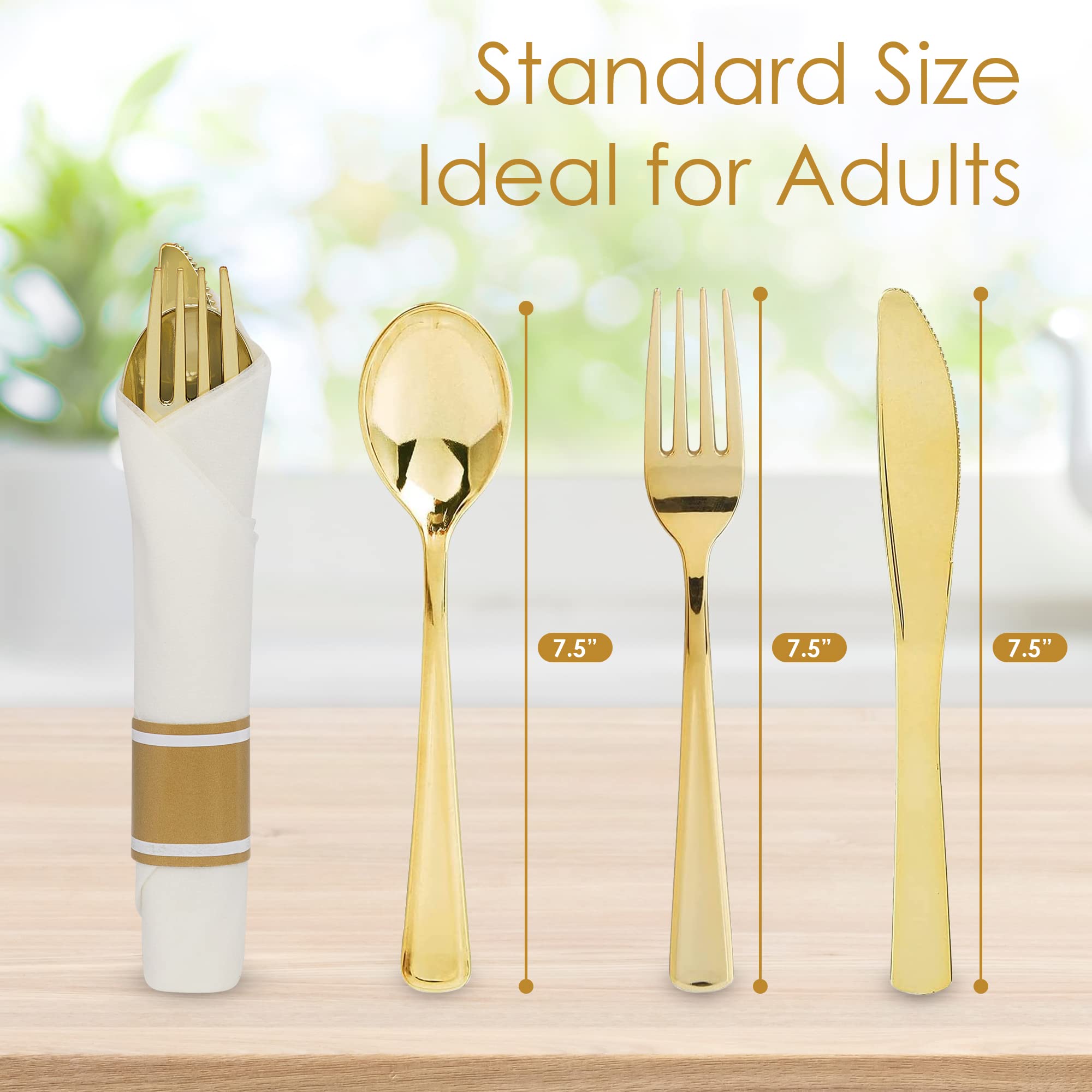50 Gold Wrapped Plastic Cutlery Set with Napkin - By Zulzzy- Individually Pre Rolled Gold Silverware Disposable Ideal for Parties, Weddings, 50 Forks, Spoons & Knives with White Napkins