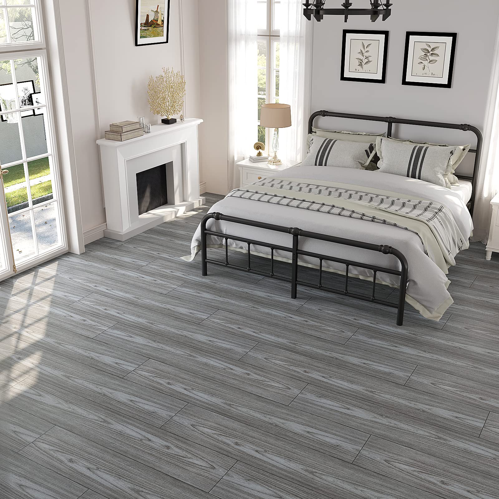 VEELIKE Grey Oak Wood Vinyl Plank Flooring Peel and Stick Waterproof Wood Grain Vinyl Floor Tiles 6''x36'' Self Adhesive Grey Laminate Tile Flooring for Bathroom Kitchen Bedroom RV (4-Pack, 6 Sq. Ft.)